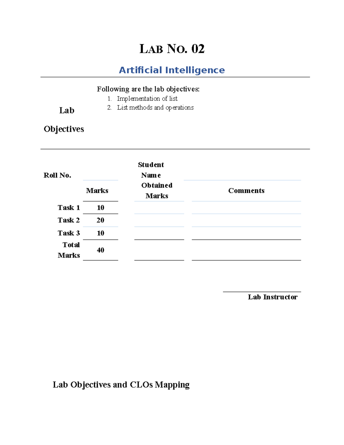 Lab-02 - LAB NO. 02 Artificial Intelligence Lab Objectives Following ...