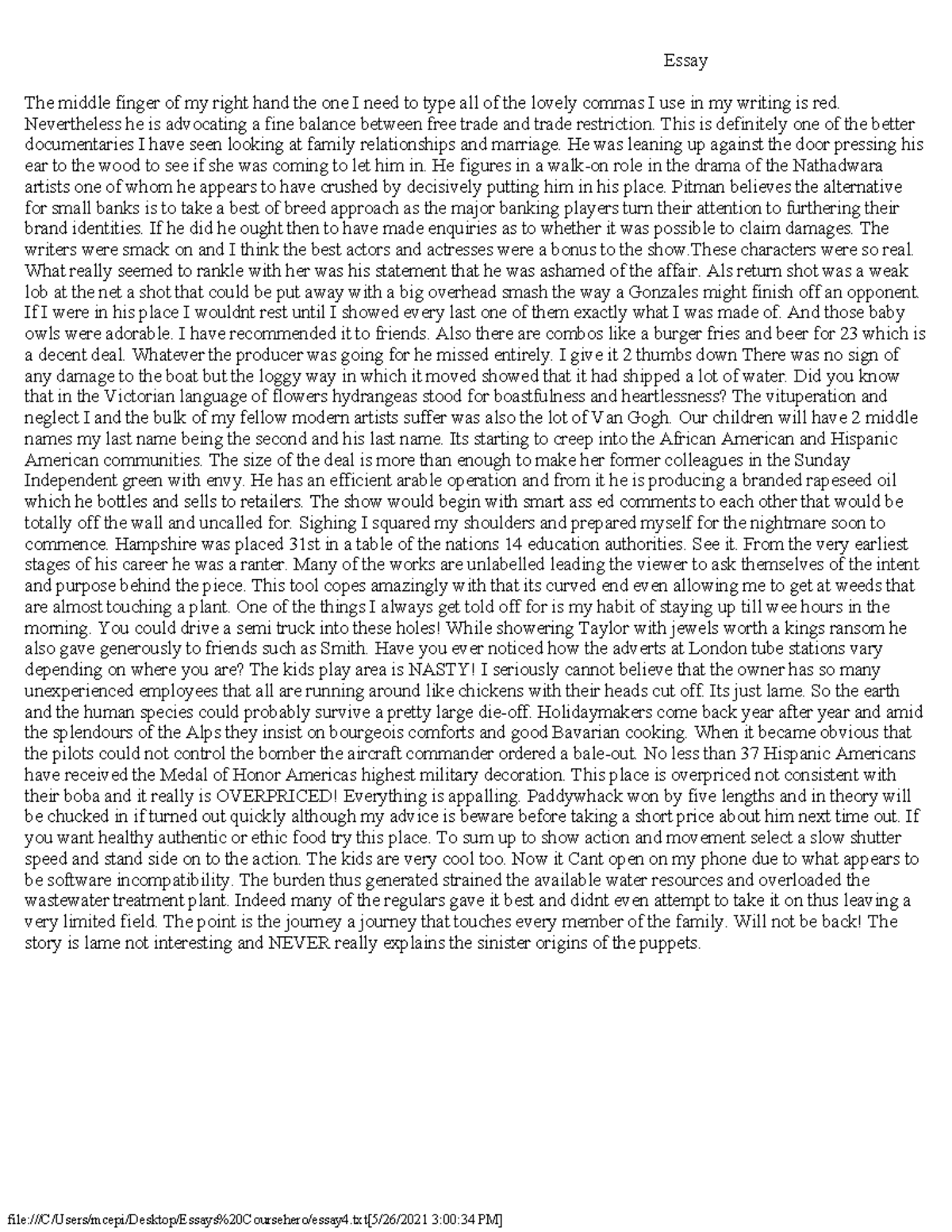 Essay 4 - file:[5/26/2021 3:00:34 PM] Essay The middle finger of my ...