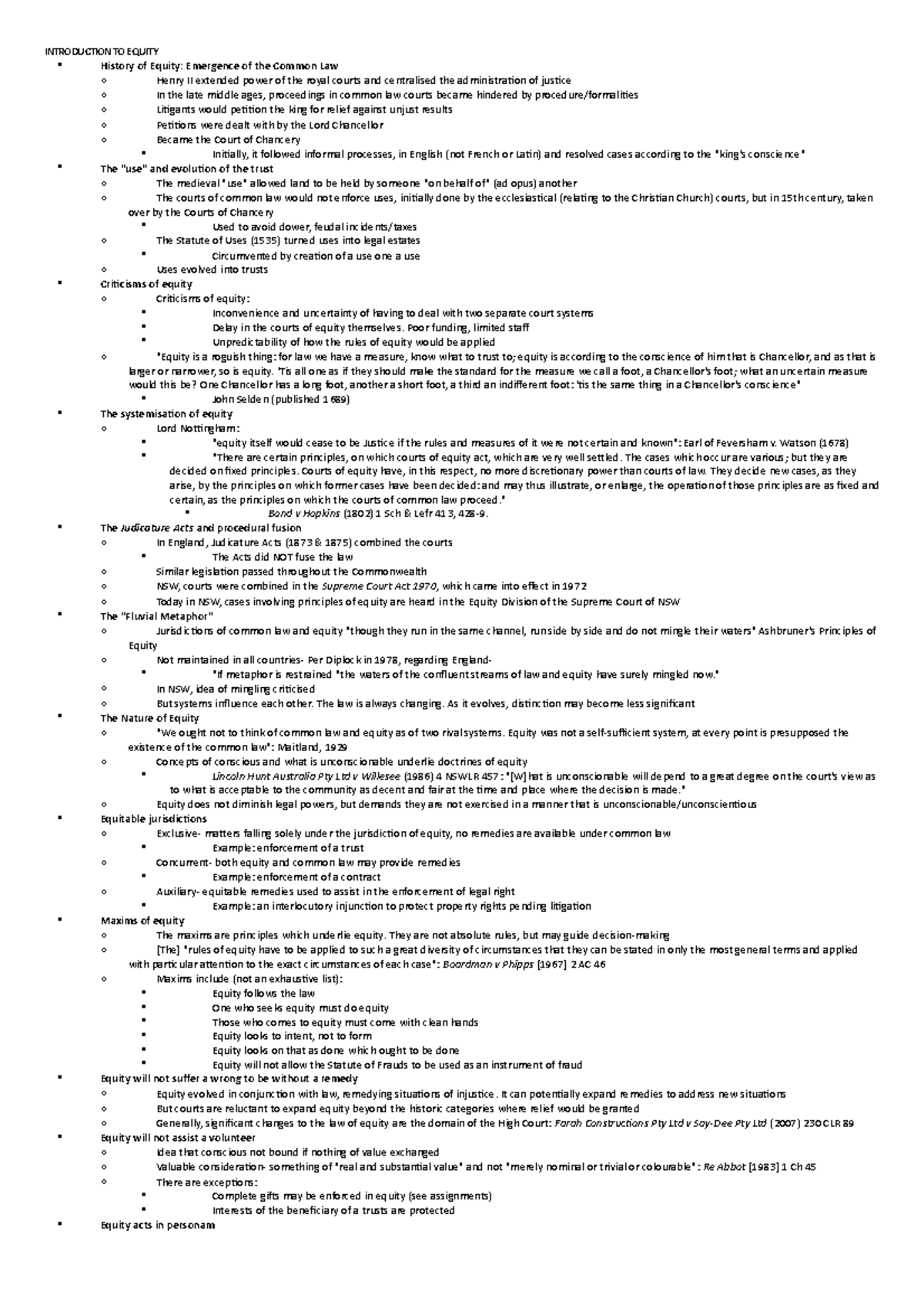 Equity Summary - Lecture notes 1-13 - INTRODUCTION TO EQUITY History of ...