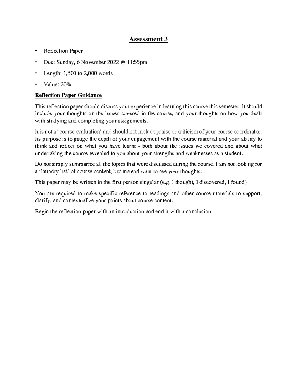 Assessment 3 - assignment - Assessment 3 Reflection Paper Due: Sunday ...