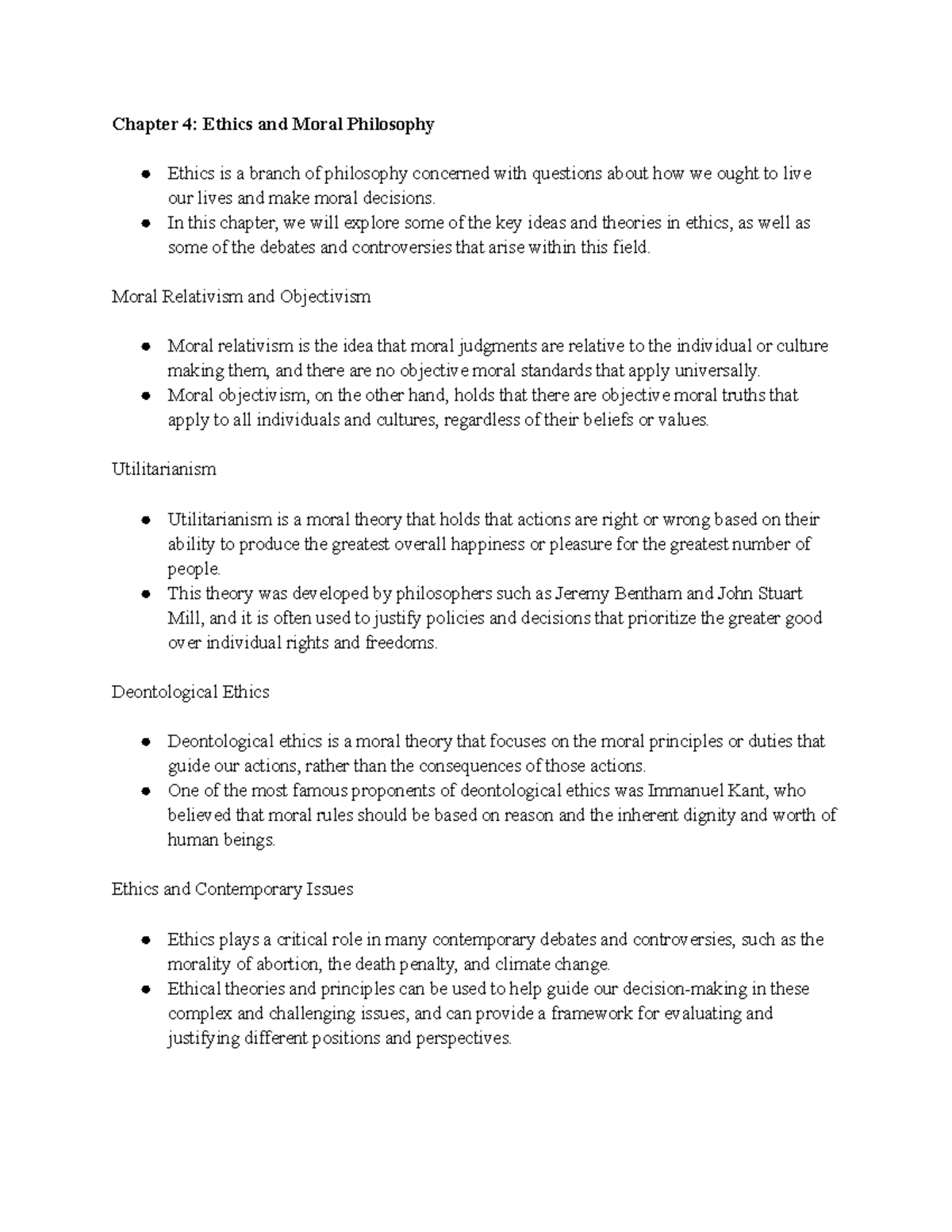 PHIL 100 Ch 4 - PHIL 100 Notes for Chapter 4 - Chapter 4: Ethics and ...