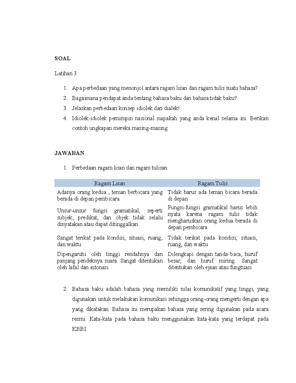 Bahasa Indonesia 3 - Materi mengenai ragam lisan dan tulisan - SOAL ...