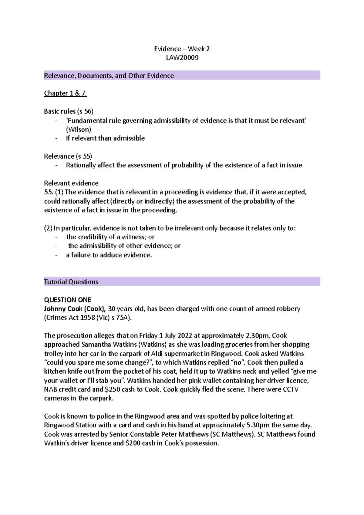 Evidence - Week 2 - Evidence – Week 2 LAW Relevance, Documents, and ...