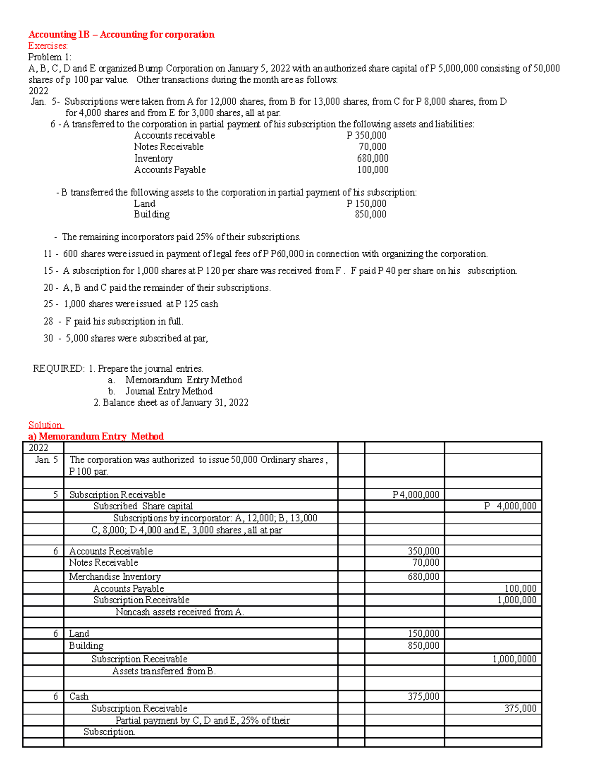 Exercises-corporation - Accounting 1B – Accounting for corporation ...