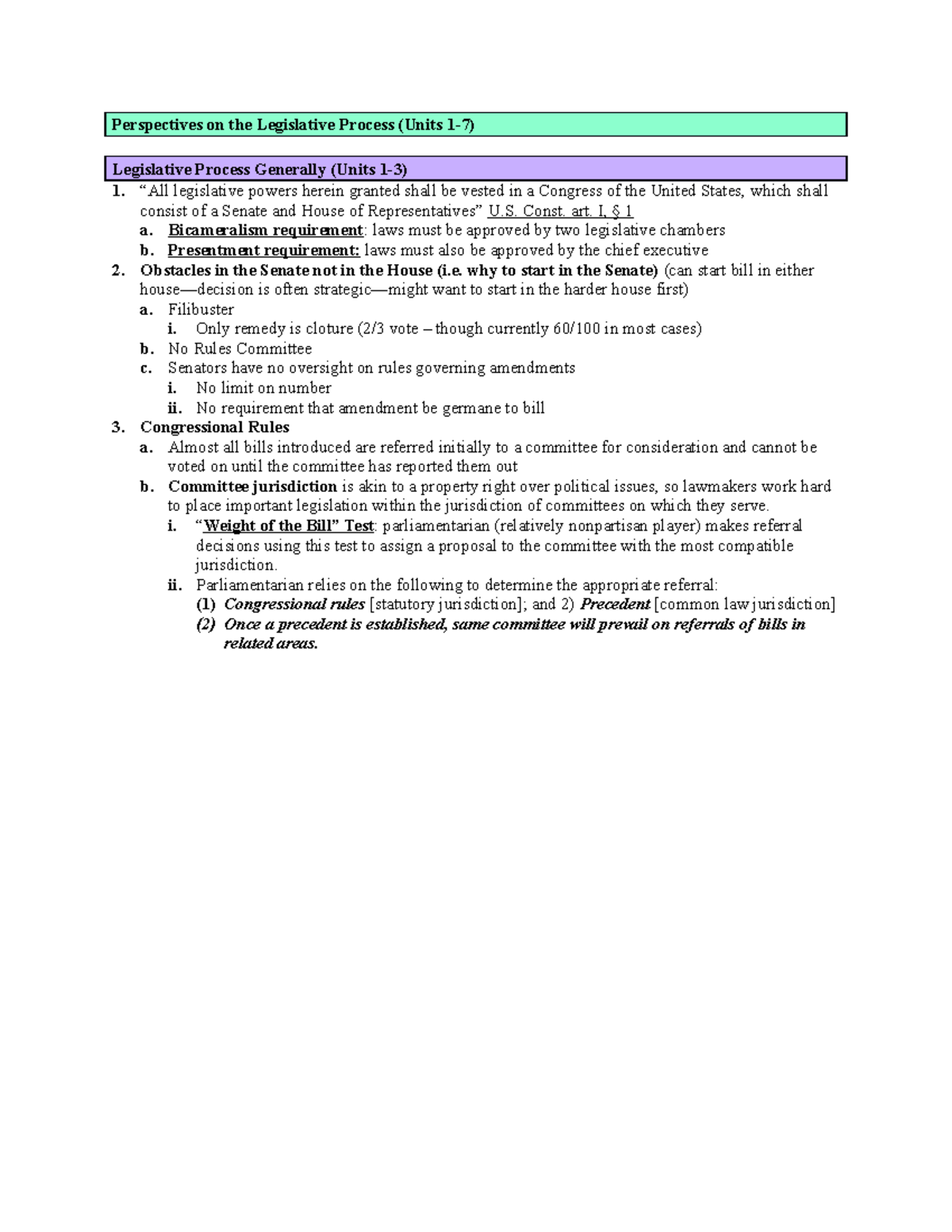 Legislation Law Outline - 1 - Perspectives on the Legislative Process ...