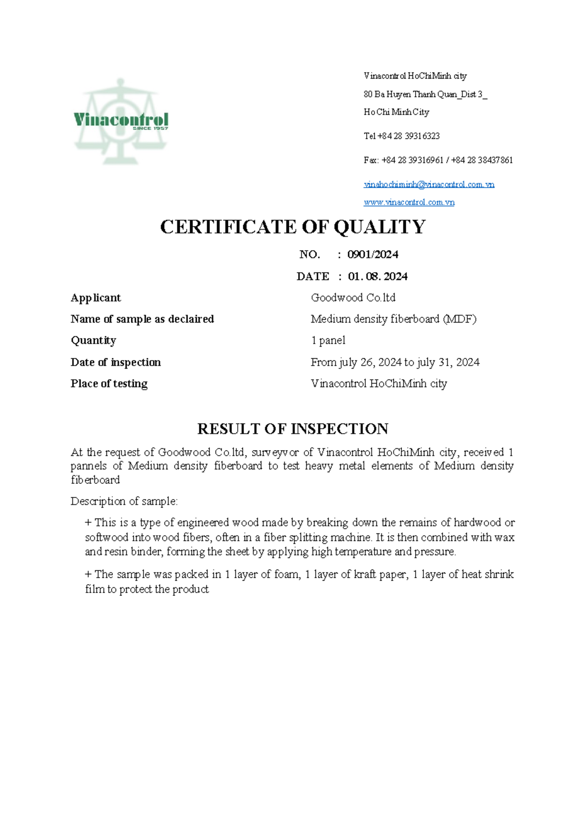 Certificate OF Quality - Vinacontrol HoChiMinh city 80 Ba Huyen Thanh ...