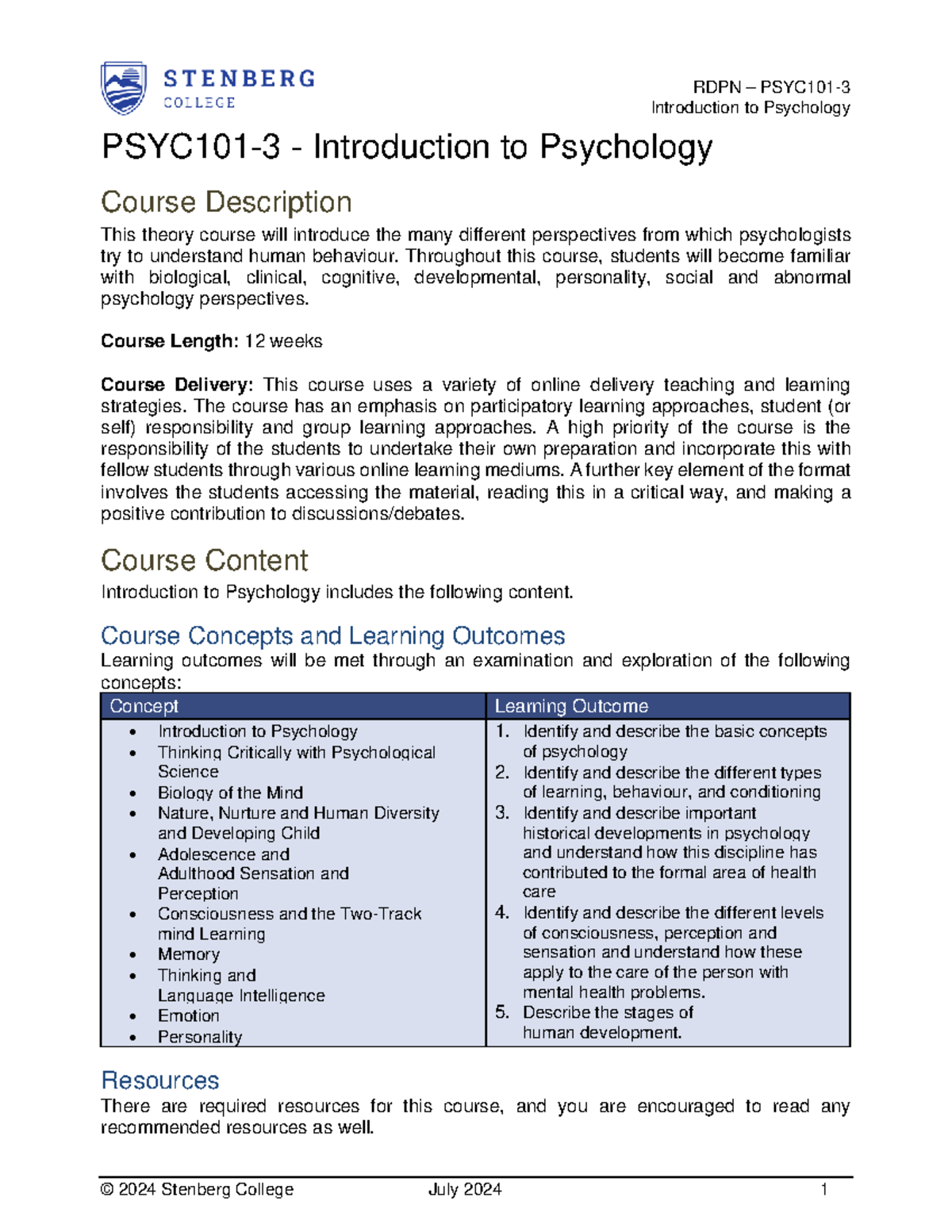 PSYC101-3 Introduction to Psychology Course Outline - Introduction to Psychology PSYC101-3 ...