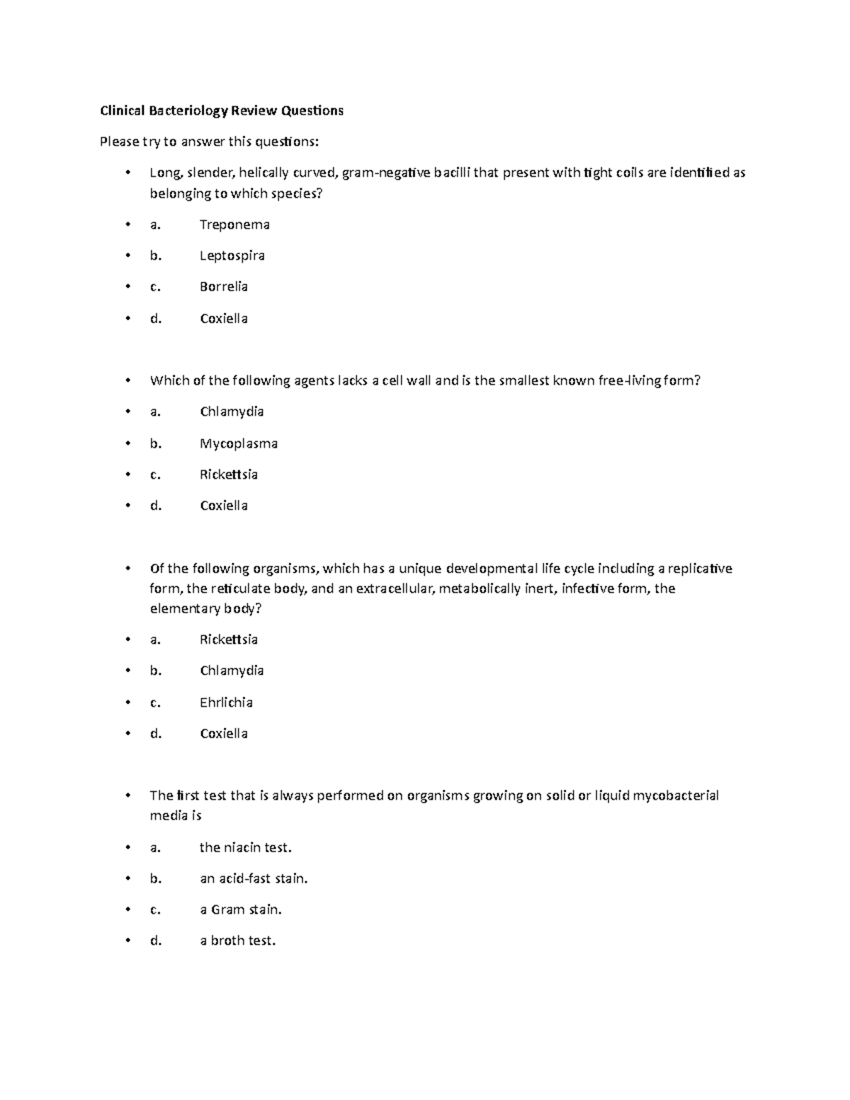 Clinical Bacteriology Review Questions - Treponema b. Leptospira c ...