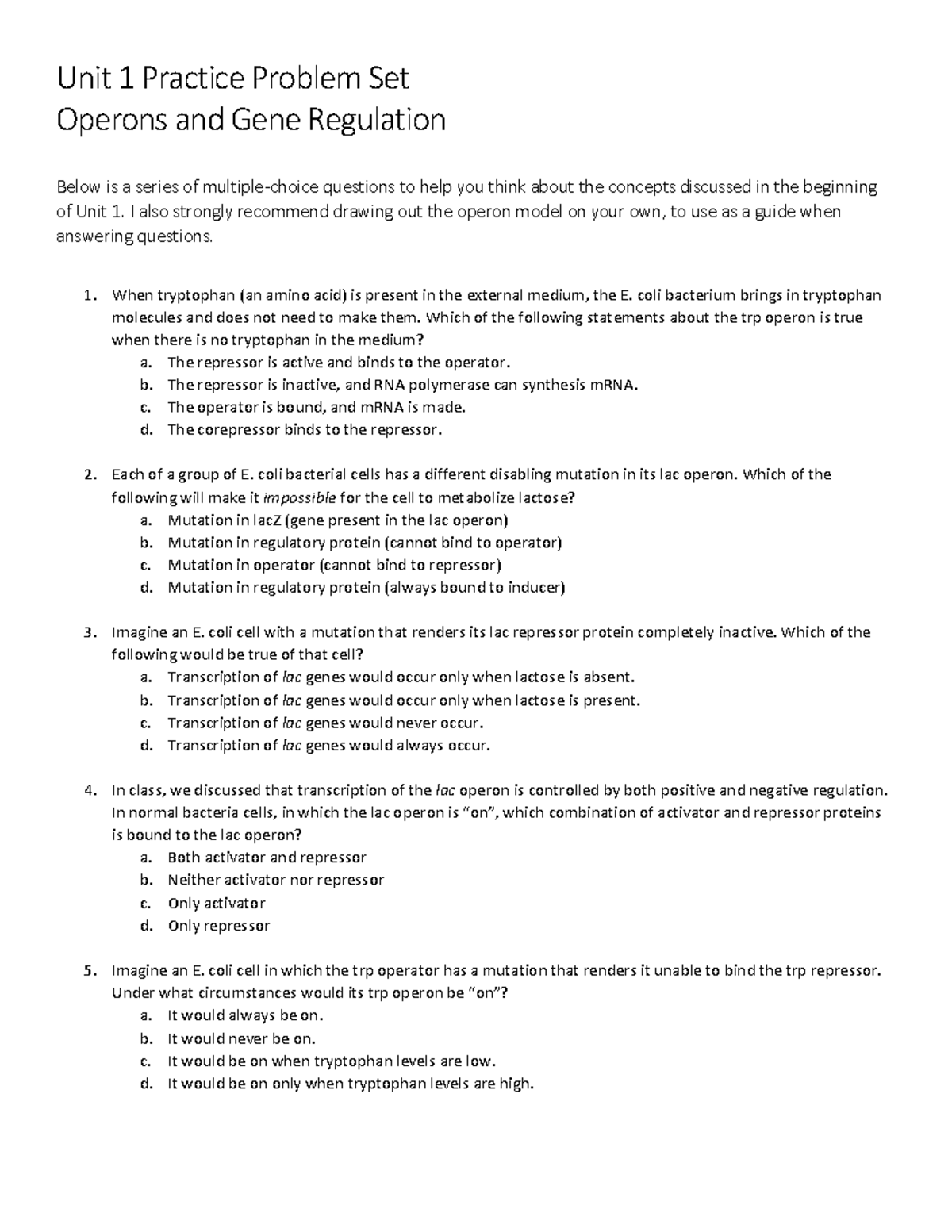 Unit 1 Practice Problem Set I - Unit 1 Practice Problem Set Operons and ...
