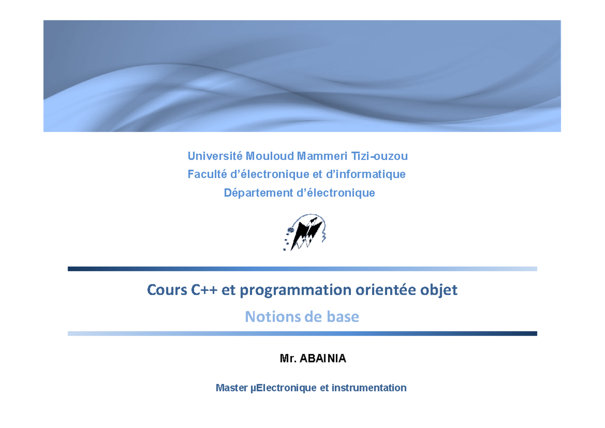 Cours 1 - exercices of c++ language - Cours C++ et programmation orientée objet Mr. ABAINIA ...