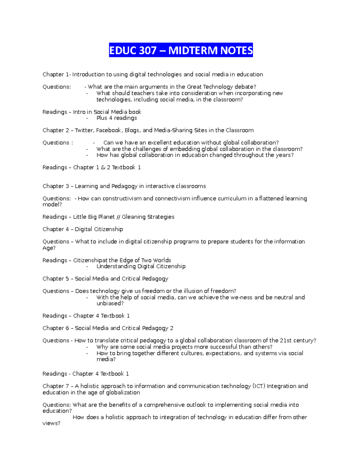 Additional Midterm Notes - EDUC 307 – MIDTERM NOTES Chapter 1 ...