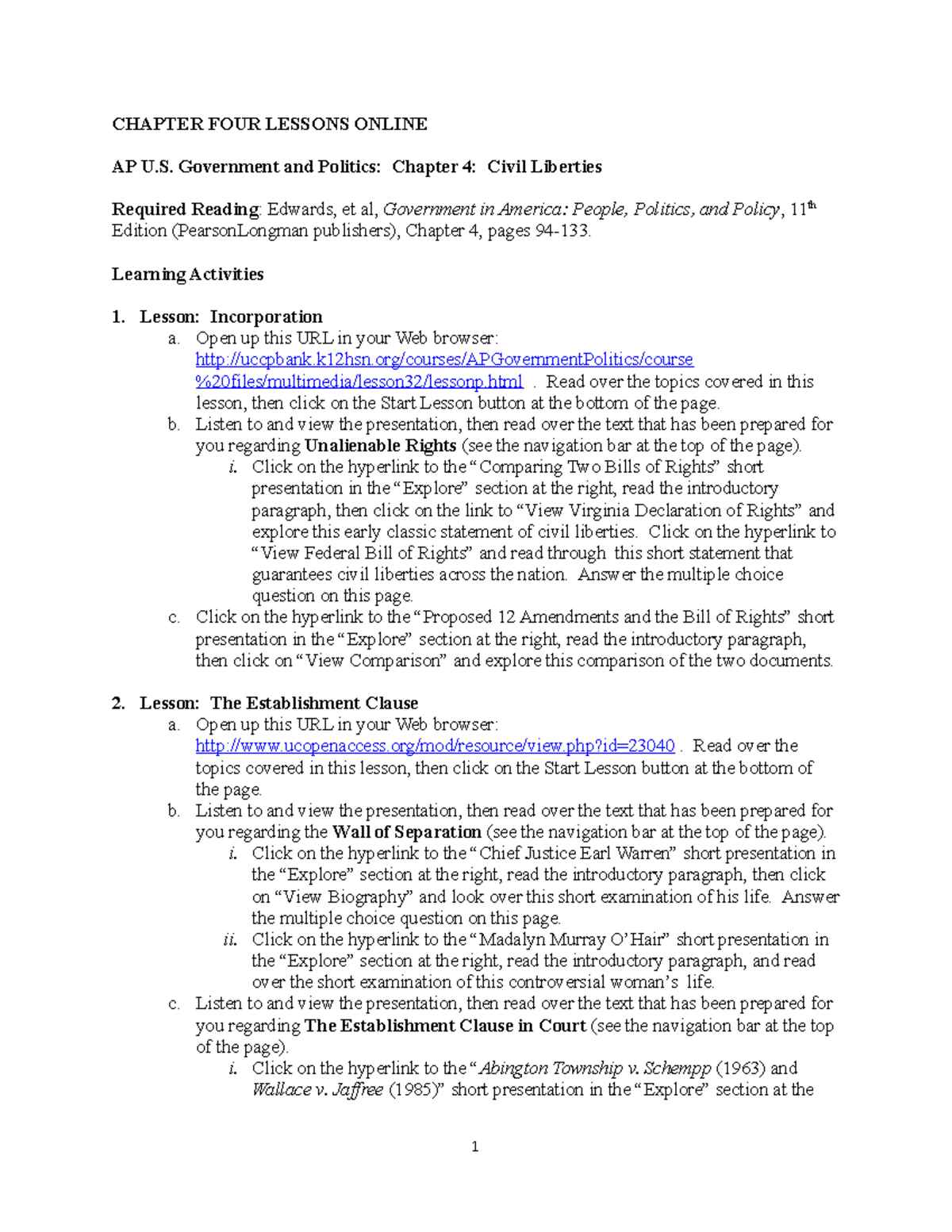 Chapter 4lessons - CHAPTER FOUR LESSONS ONLINE AP U. Government and ...
