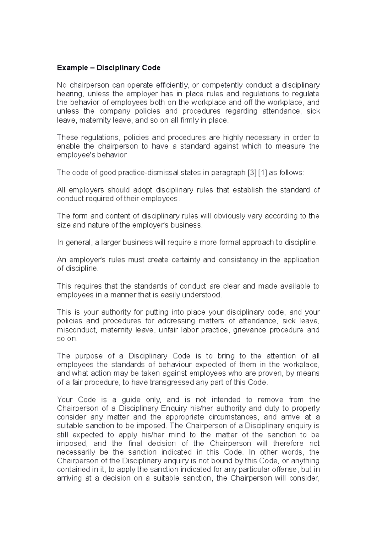 Example Disciplinary CODE - Example – Disciplinary Code No chairperson ...
