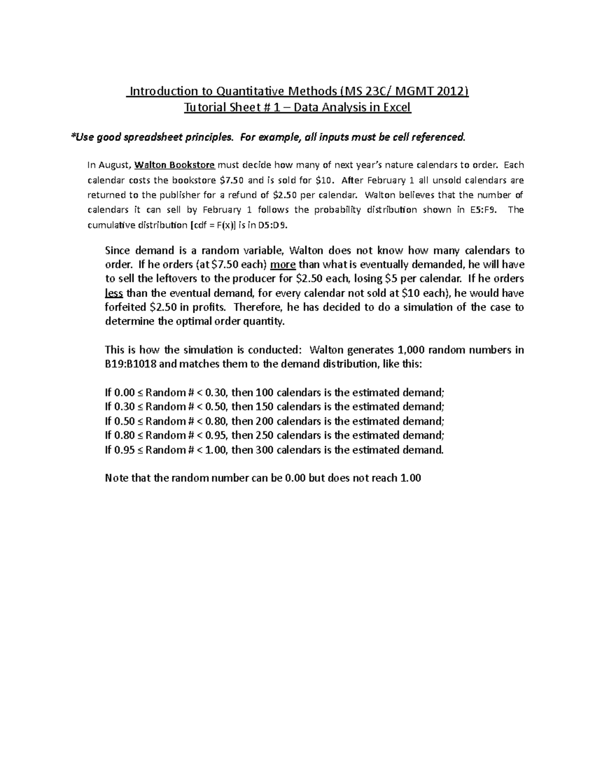 Tutorial Sheet 1a Excel modified - Introduction to Quantitative Methods ...