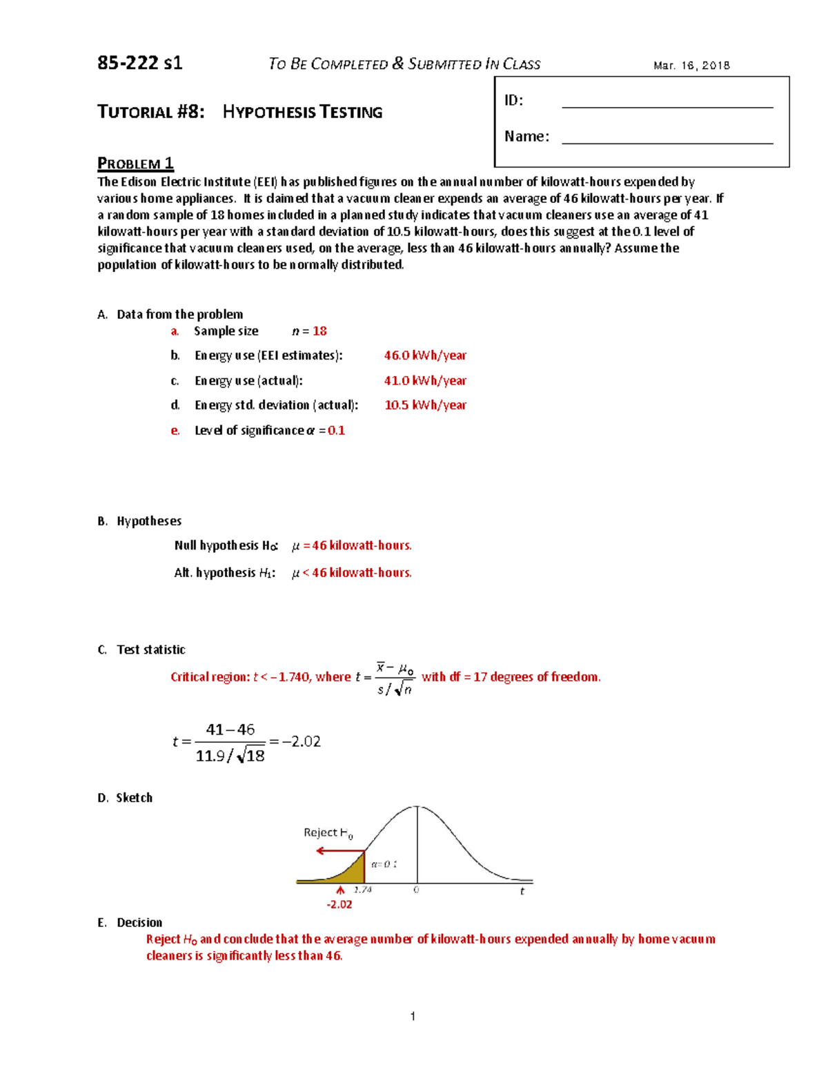 T08 Class Handout Soln W18 - TUTORIAL #8: HYPOTHESIS TESTING P ROBLEM 1 ...