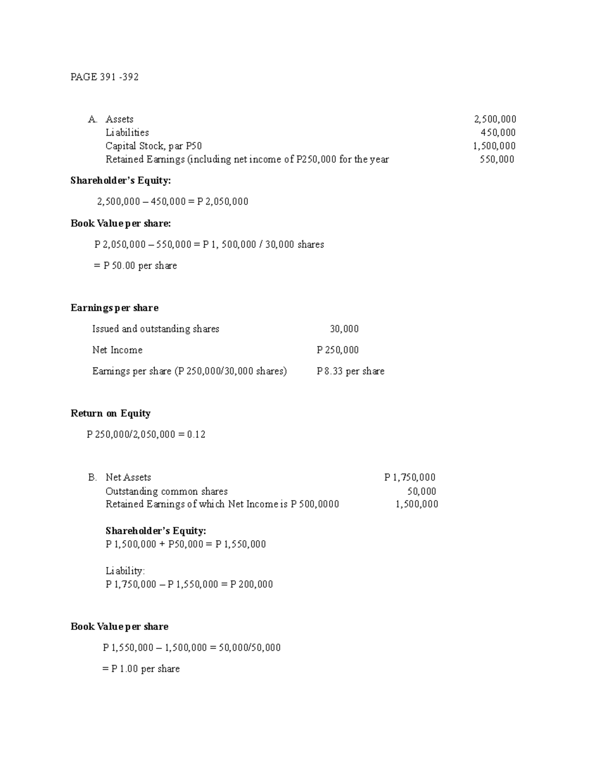 Book value - Lecture notes 1-3 - PAGE 391 - A. Assets 2,500 ...