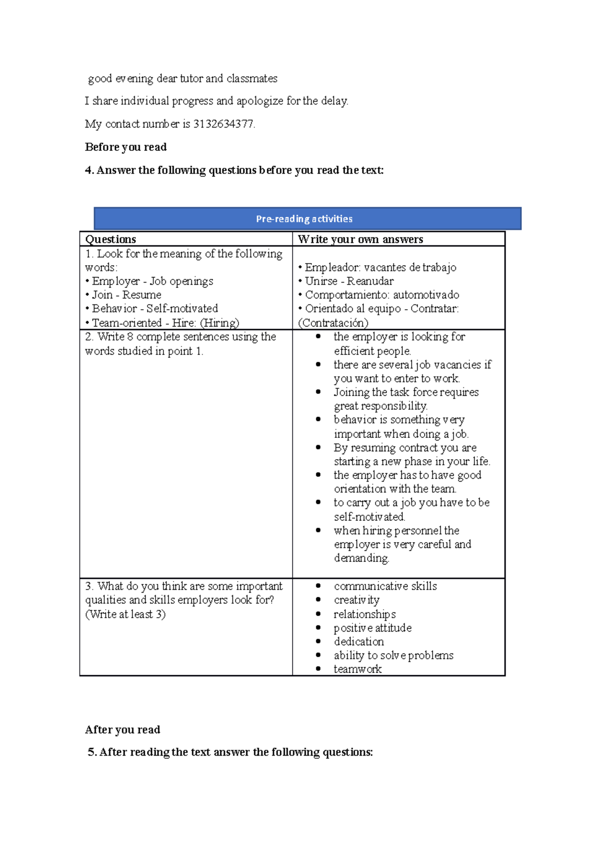 Before you read - ingles - good evening dear tutor and classmates I ...
