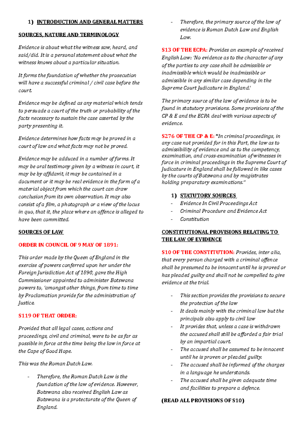 Evidence LAW Notes Final TO Print - 1) INTRODUCTION AND GENERAL MATTERS ...