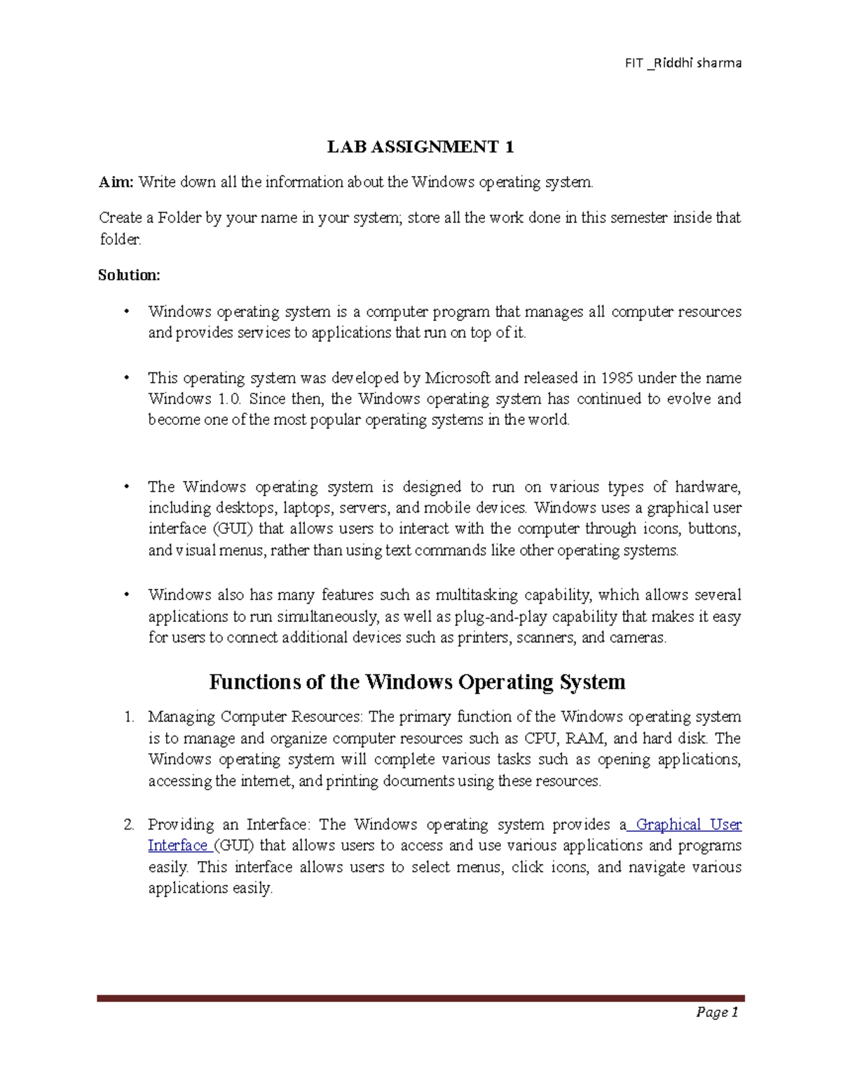 LAB Assignment 1 fcit - FIT _Riddhi sharma LAB ASSIGNMENT 1 Aim: Write down all the information ...