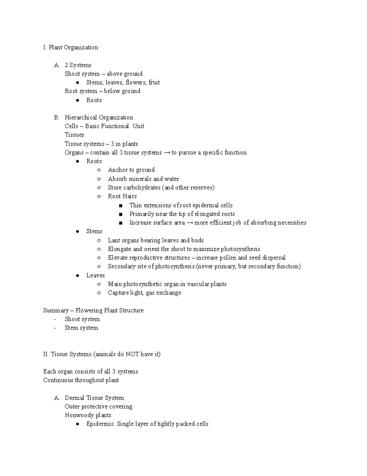 Plant Physiology - Notes - I. Plant Organization A. 2 Systems Shoot ...