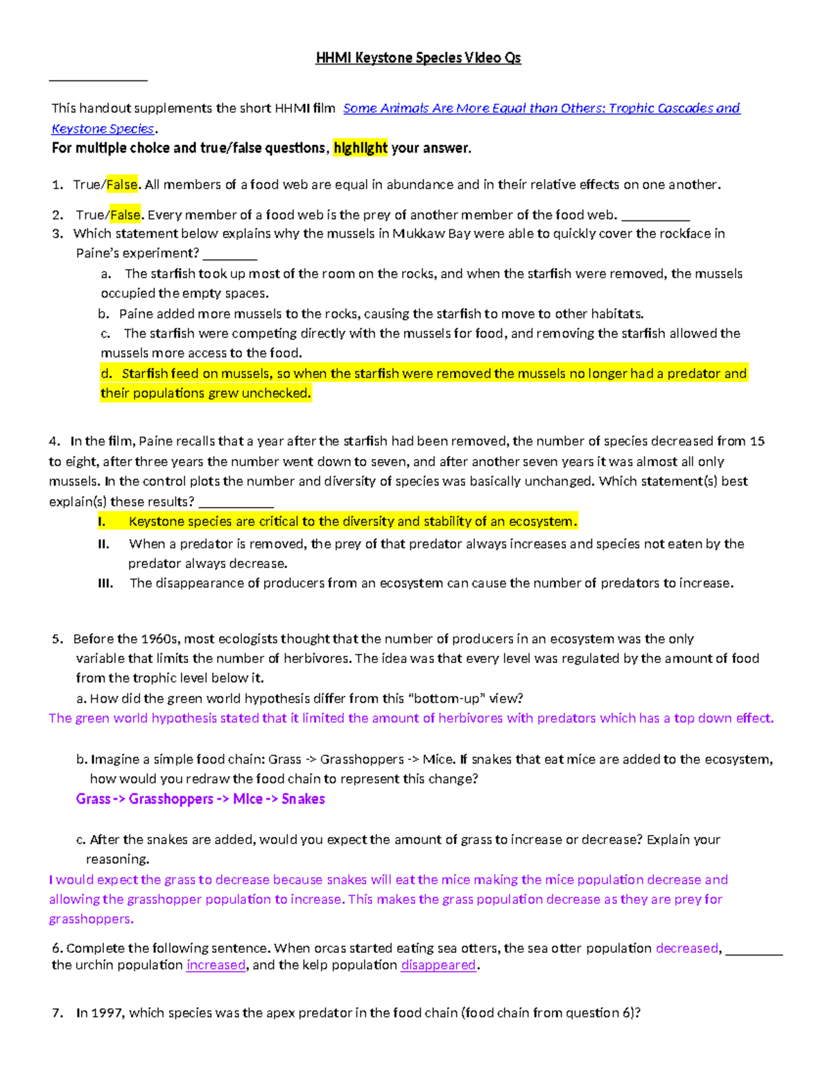 Copy of Handout-HHMI Keystone Species Video Qs DL-1 - HHMI Keystone ...