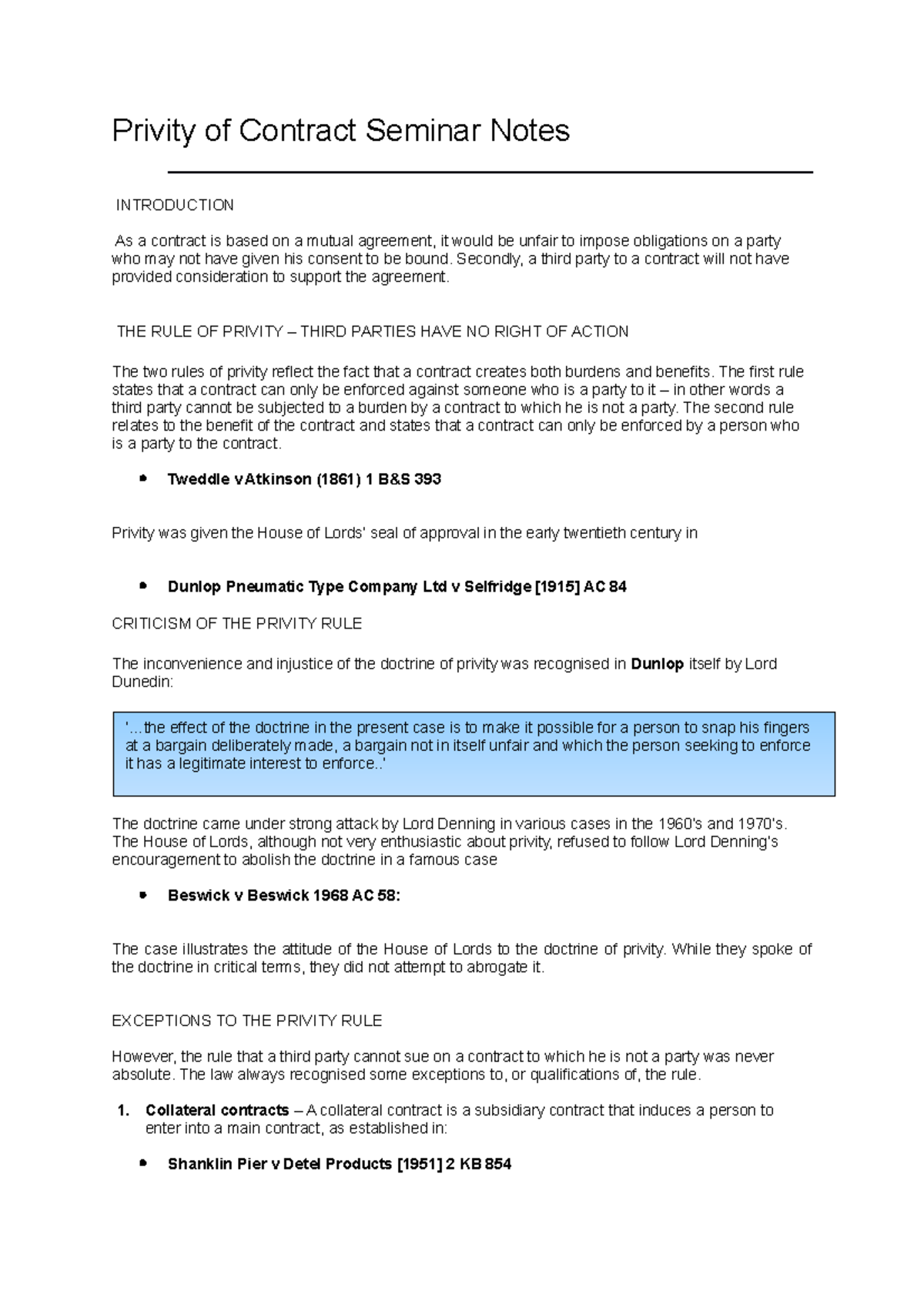 Privity of Contract Seminar Notes - Privity of Contract Seminar Notes ...