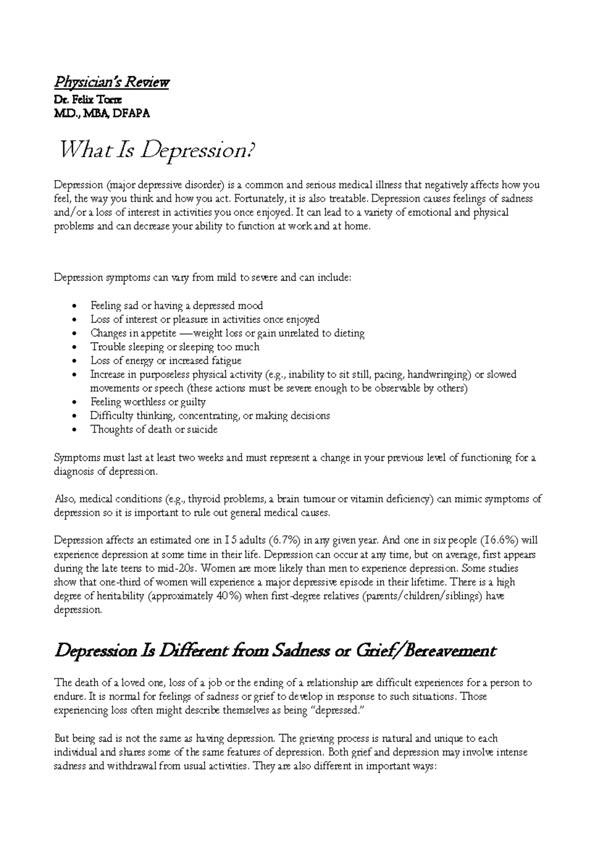 An overview of depression - Physician’s Review Dr. Felix Torre M., MBA ...