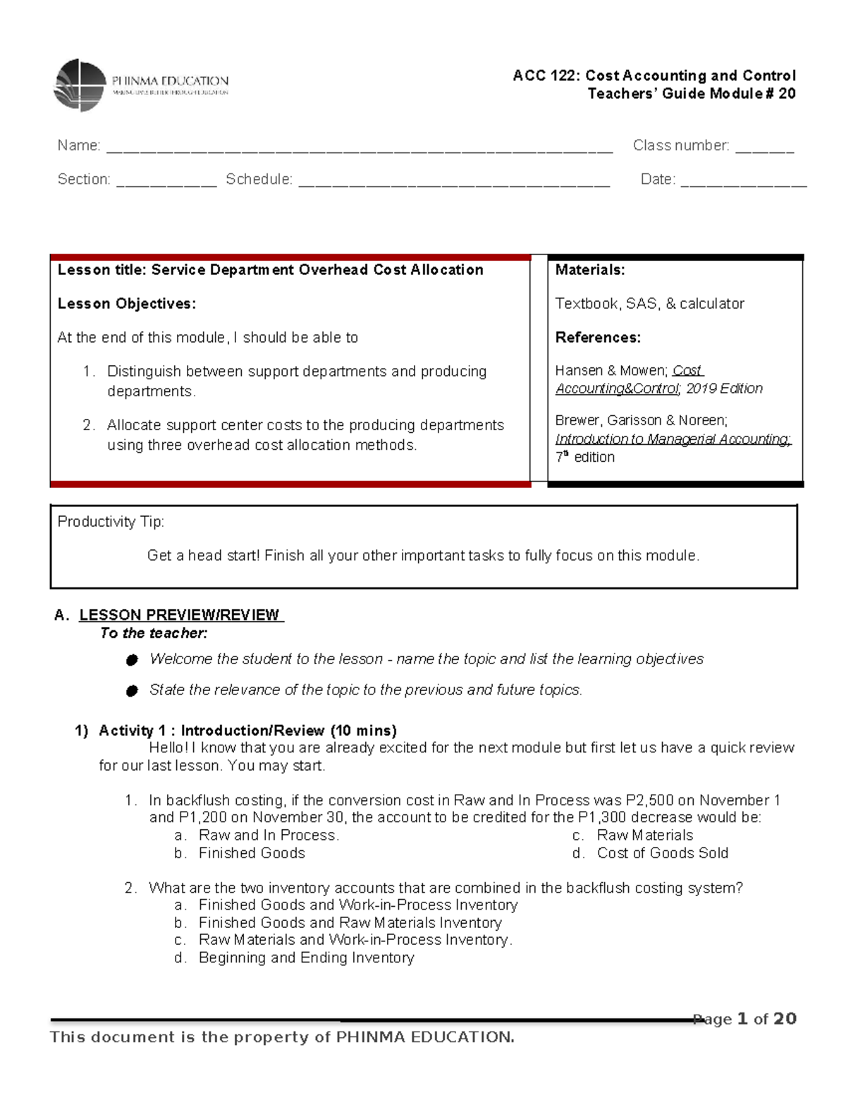 ACC-122 TG DAY-20 - sas - Teachers’ Guide Module # 20 Name: - Studocu