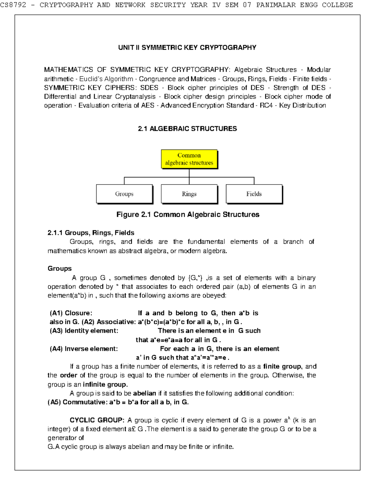 CNS UNIT 2 - rh rth h yj tyj tuj - UNIT II SYMMETRIC KEY CRYPTOGRAPHY MATHEMATICS OF SYMMETRIC ...