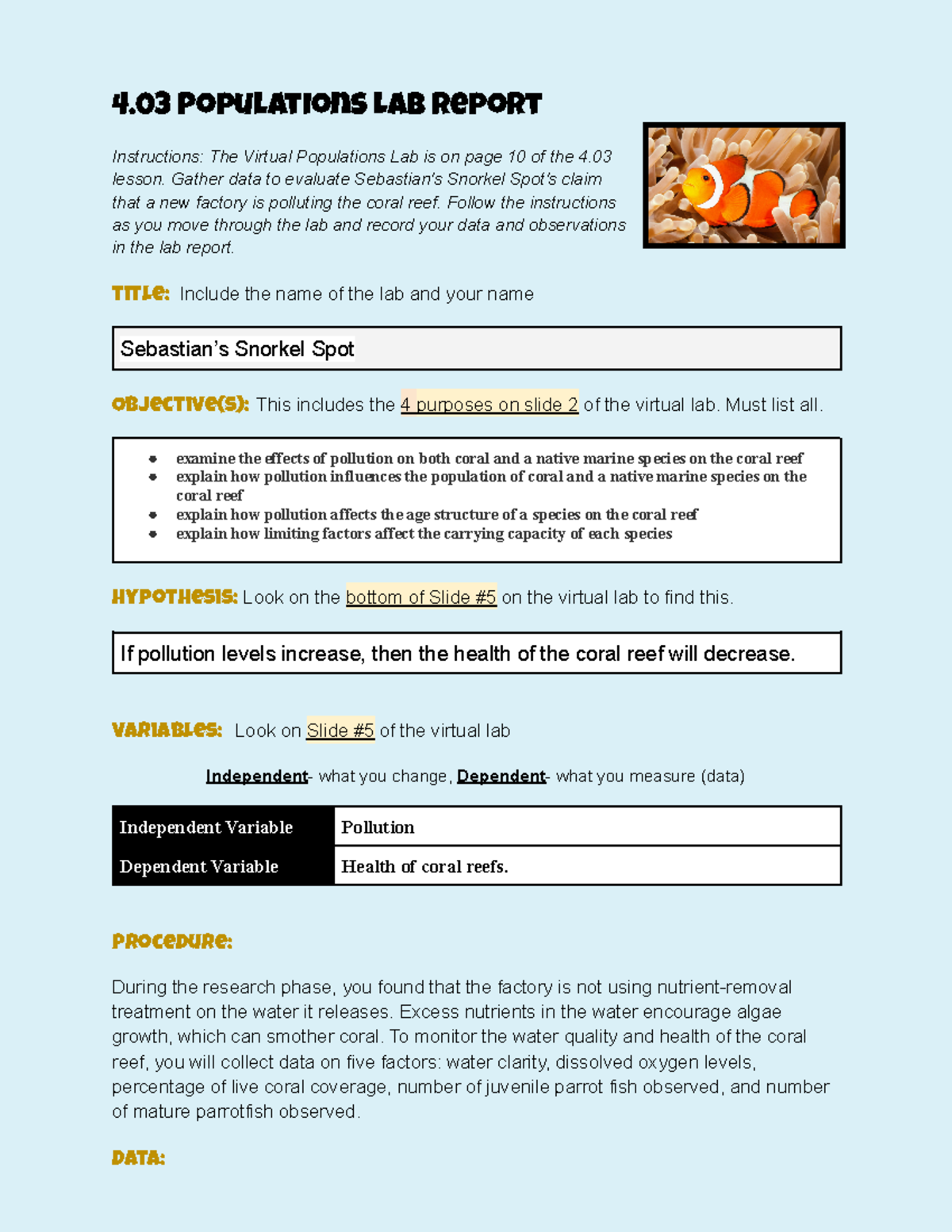 Copy of 4.03 lab report template-v23 - 4 Populations Lab Report Instructions: The Virtual - Studocu