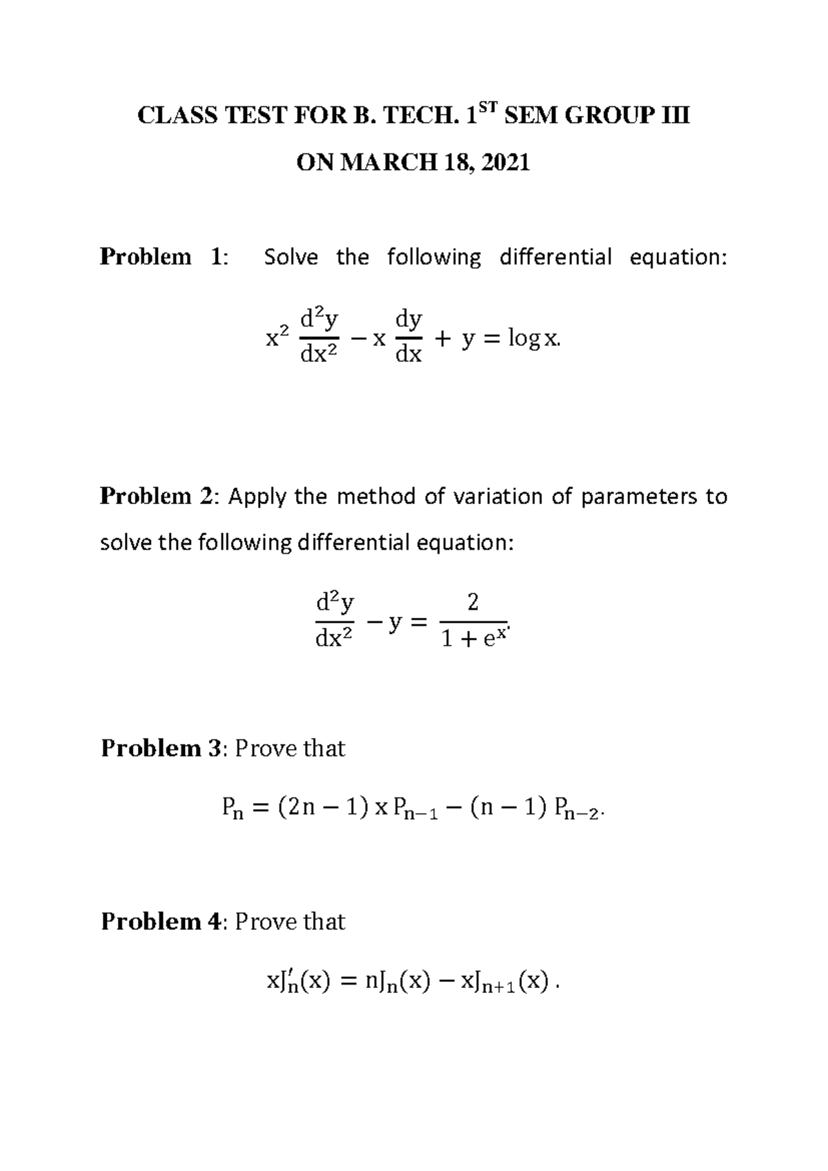 Class TEST FOR B TECH 1ST SEM Group III - Mathematics I - CLASS TEST ...
