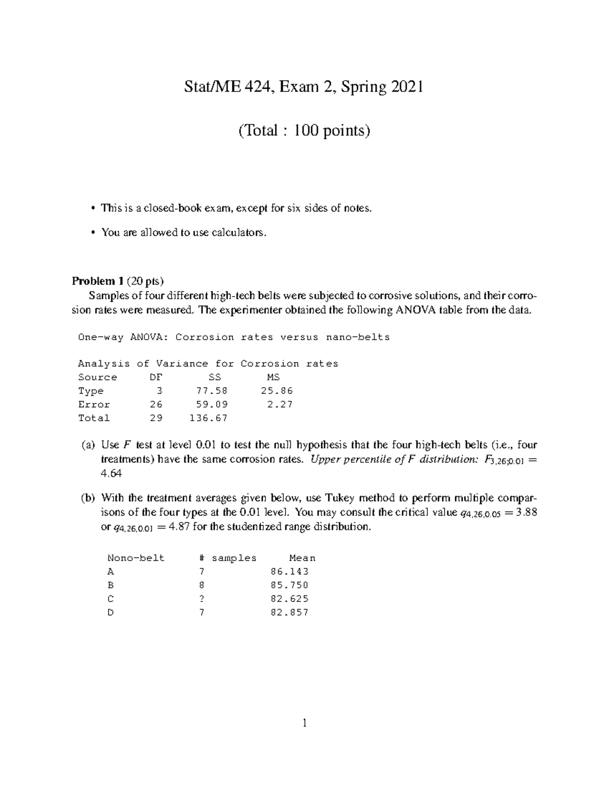 Stat424 S 21 Exam2 final - Stat/ME 424, Exam 2, Spring 2021 (Total ...