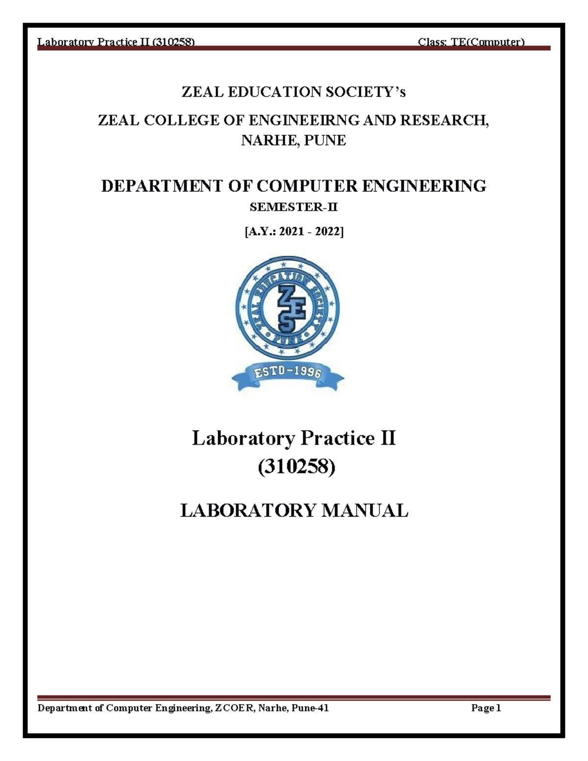 LP-II LAB Manual 2021-22 - ZEAL EDUCATION SOCIETY’s ZEAL COLLEGE OF ...