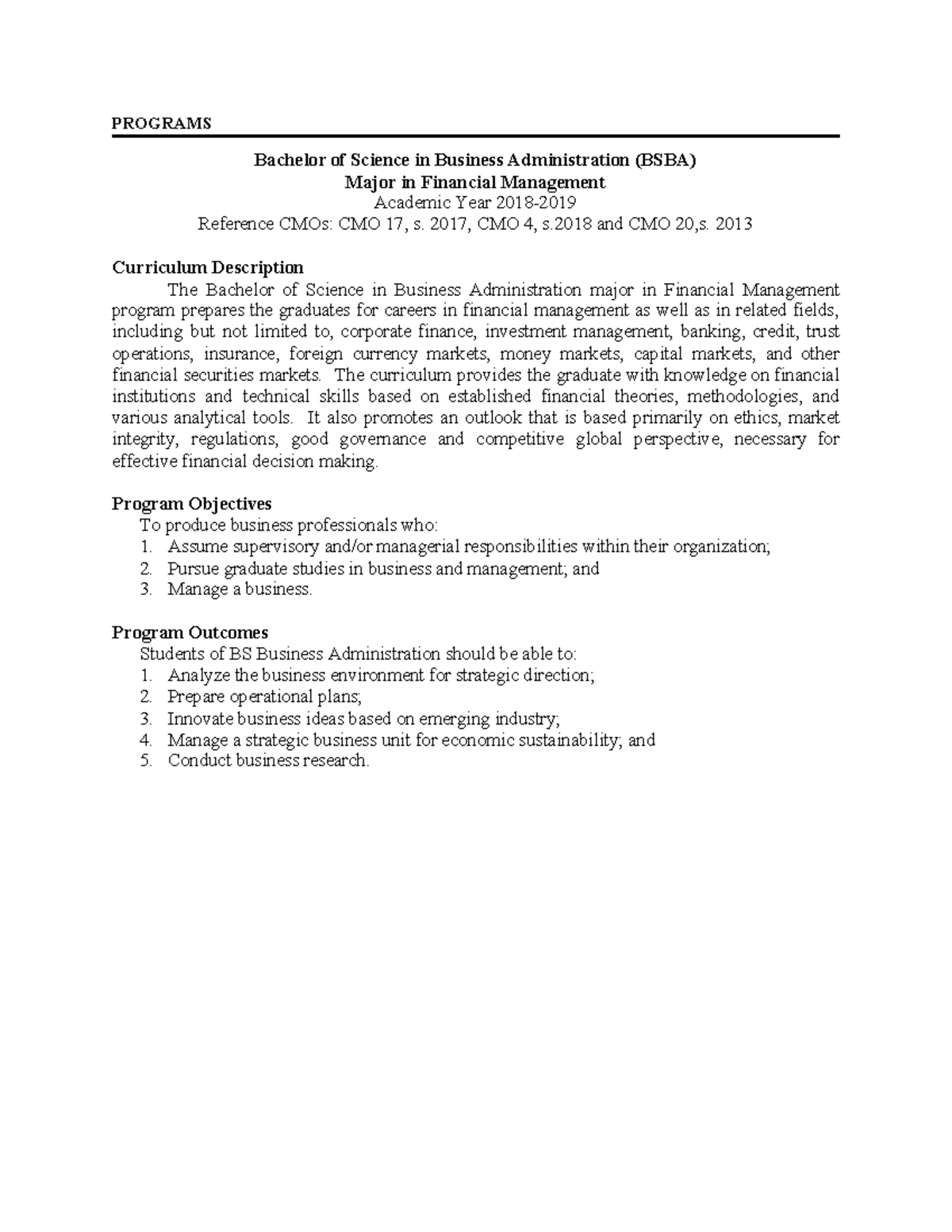 Bachelor of Science in Business Administration BSBA Major in Financial ...