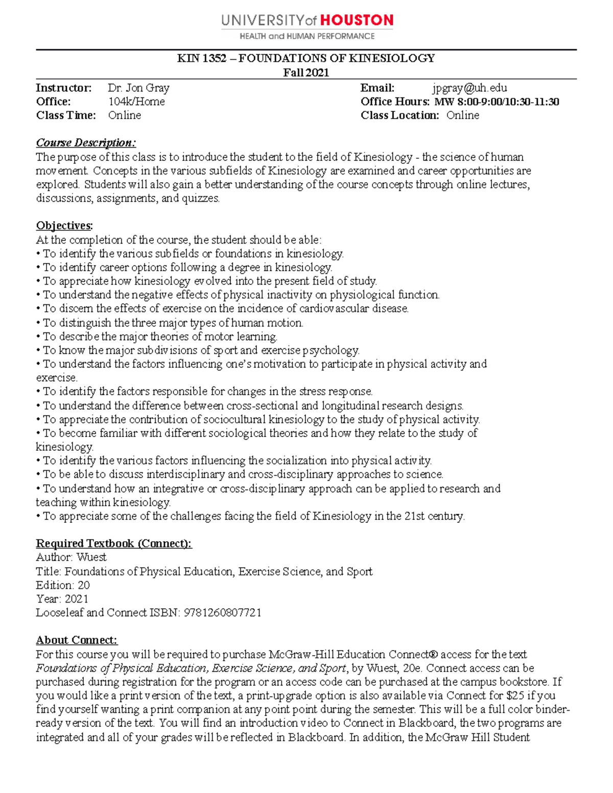 KIN 1352 Fall 2021 Syllabus - KIN 1352 – FOUNDATIONS OF KINESIOLOGY ...