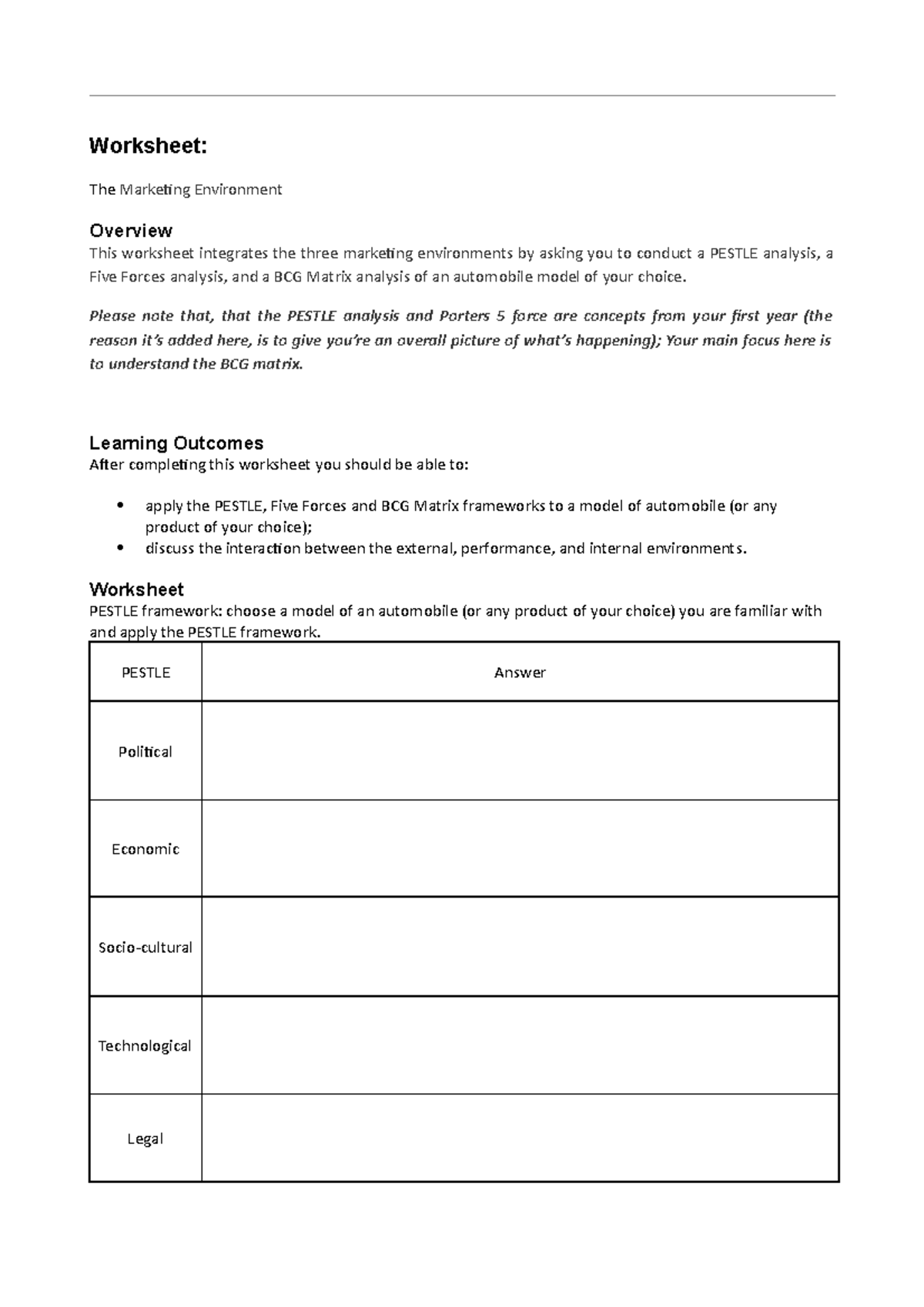 Worksheet - The Marketing Environment (BCG Matrix) - Worksheet: The ...