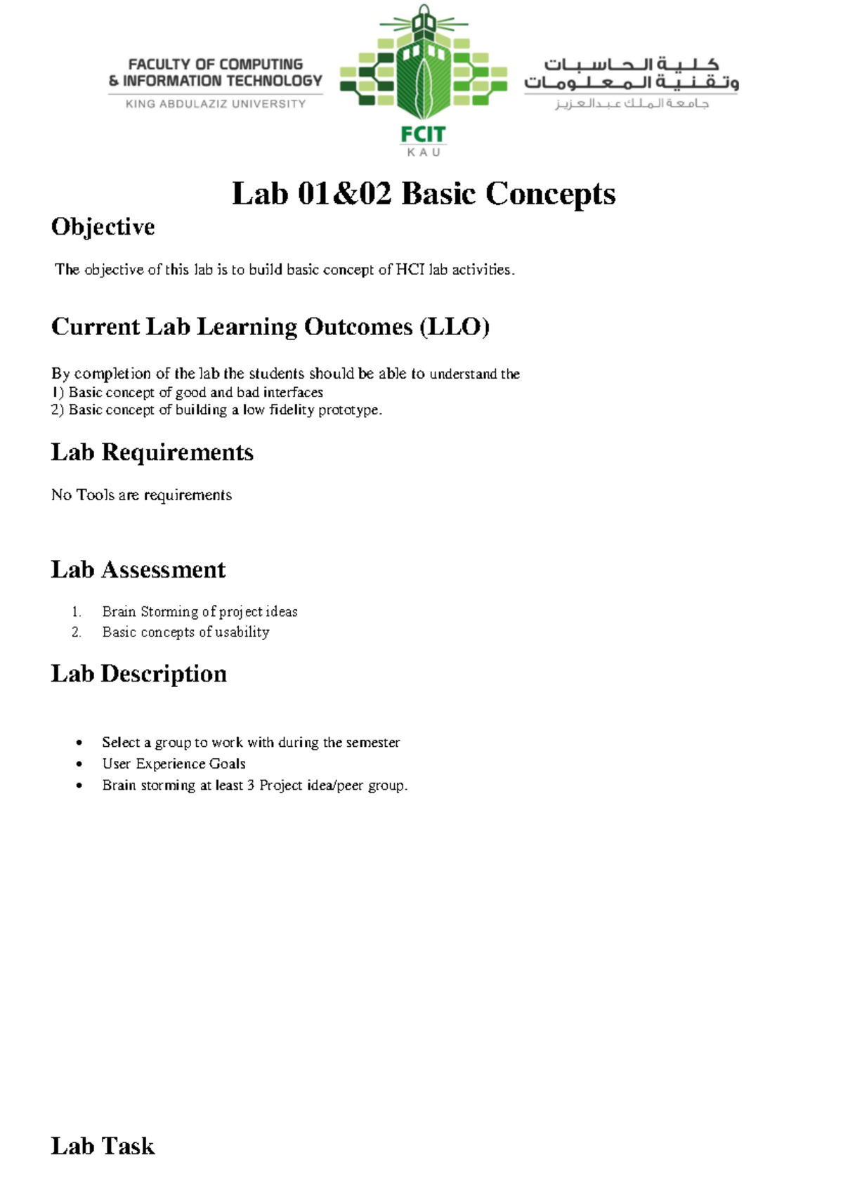 Lab01 02 Basic Concepts with lab task - Lab 01&02 Basic Concepts Objective The objective of this ...