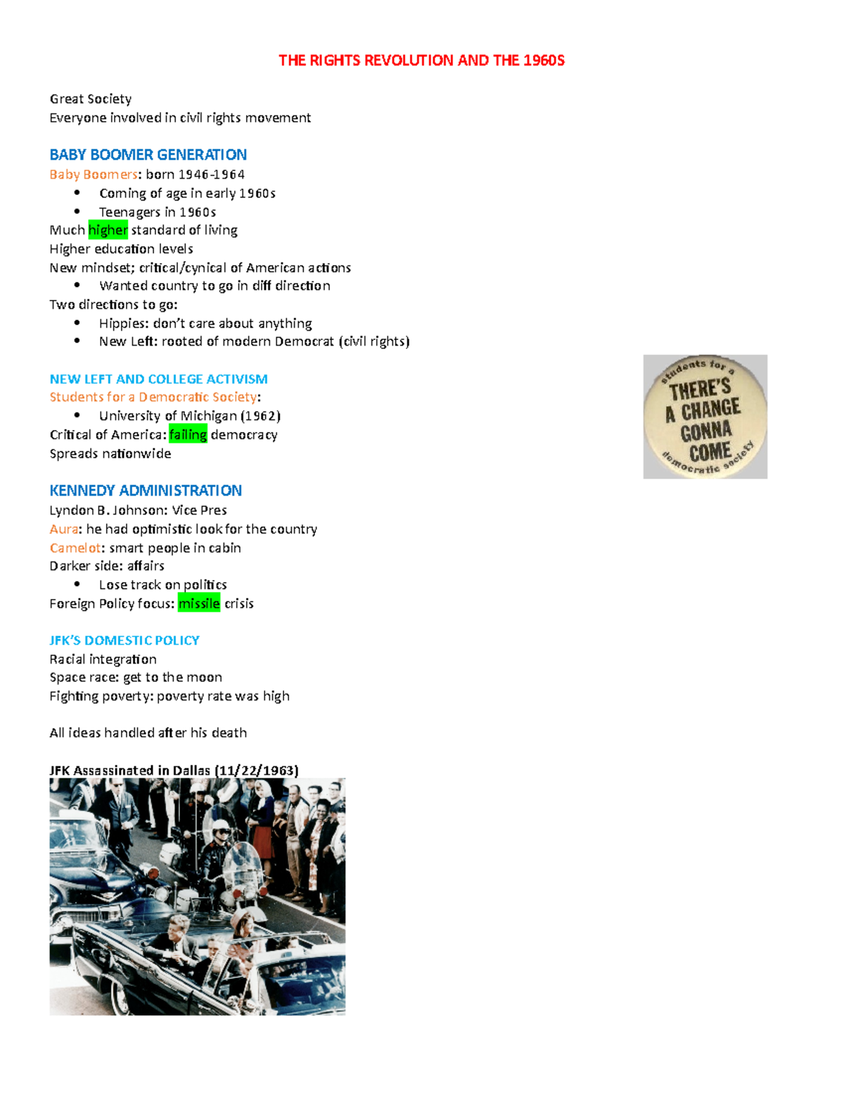 Hist 25a-1960s - Lecture notes 11 - THE RIGHTS REVOLUTION AND THE 1960S ...