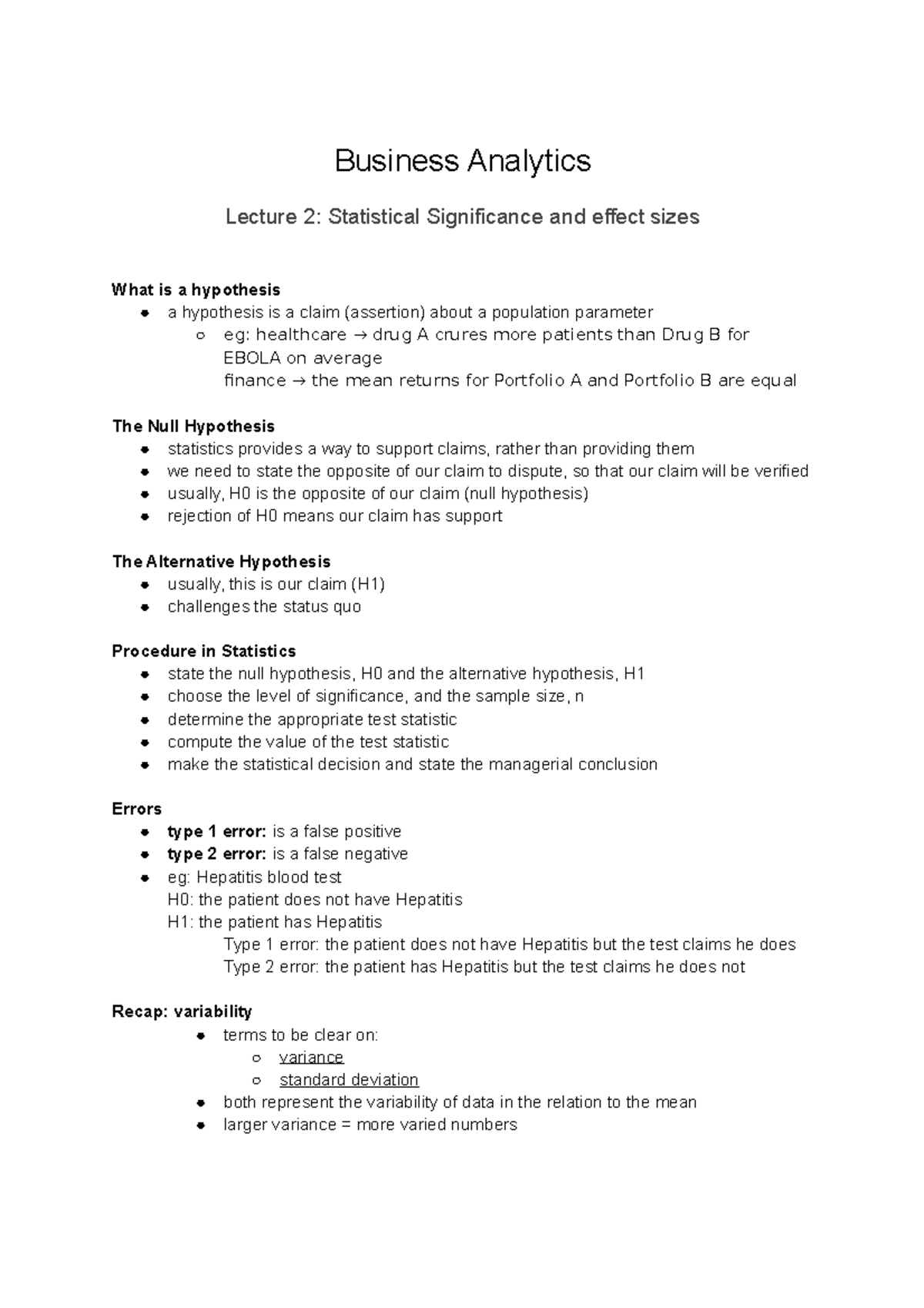 Lecture 2 Statistical Significance and effect sizes - Business Analytics Lecture 2: Statistical ...