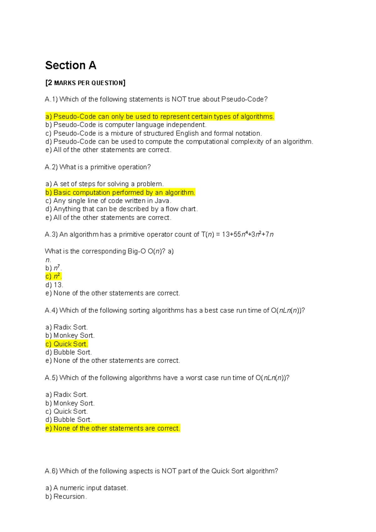 Question algorithms - Section A [2 MARKS PER QUESTION] A) Which of the following statements is ...