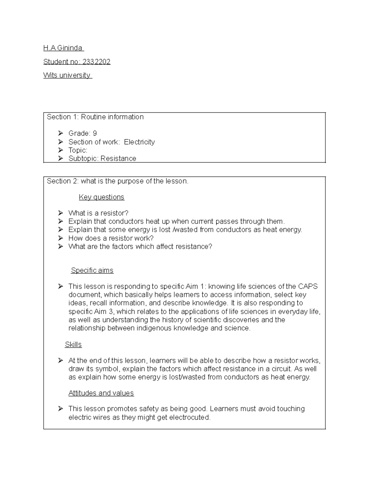 Resistance lesson printed - H Gininda Student no: 2332202 Wits ...