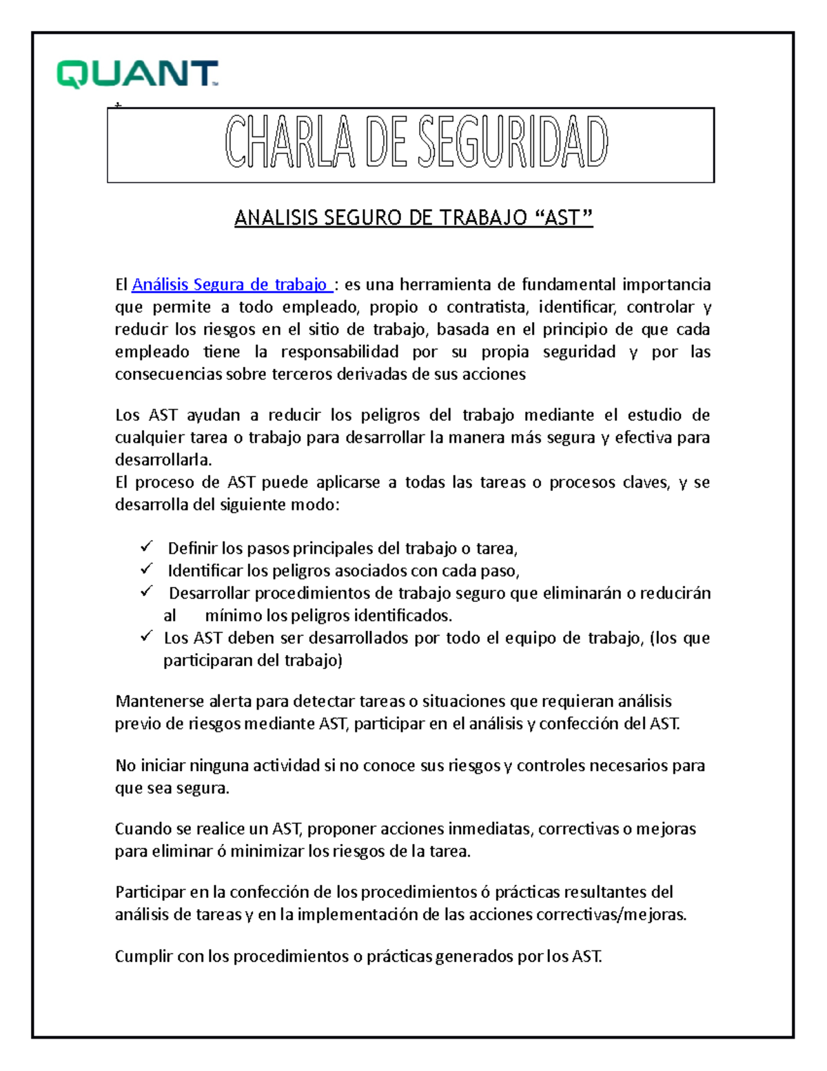 AST - AST - , ANALISIS SEGURO DE TRABAJO “AST” El Análisis Segura de ...