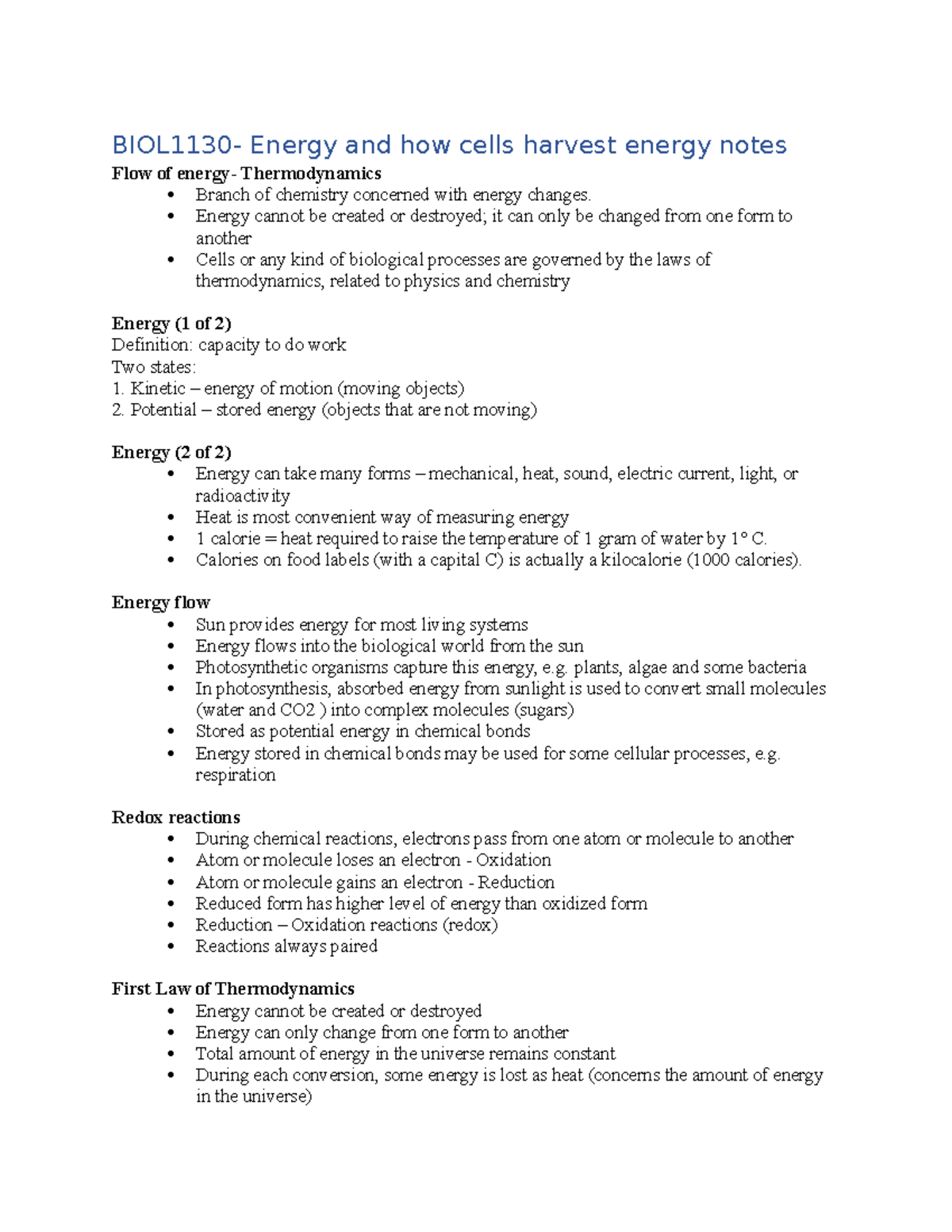 BIOL1130- Cell energy and harvesting energy notes - BIOL1130- Energy ...