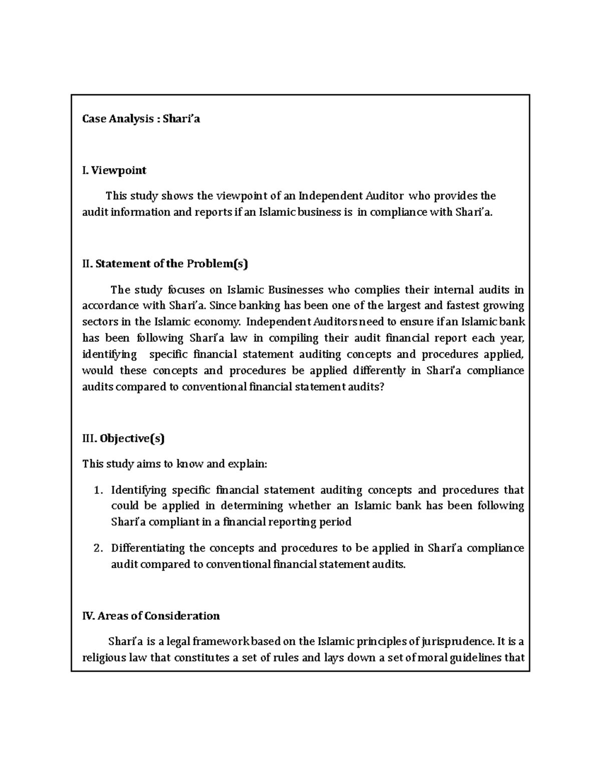 Shari'a - Shari'a - Case Analysis : Shari’a I. Viewpoint This study ...