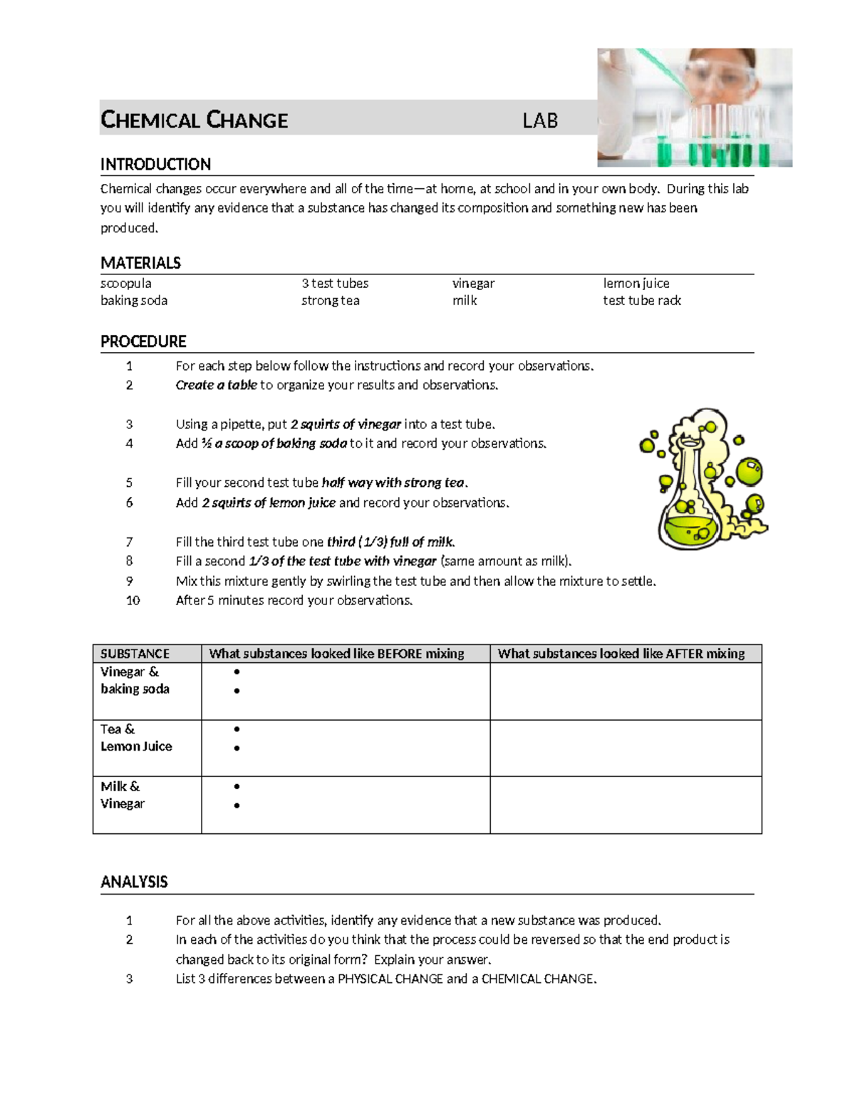 12 LAB Chemical Change - CHEMICAL CHANGE LAB INTRODUCTION Chemical ...