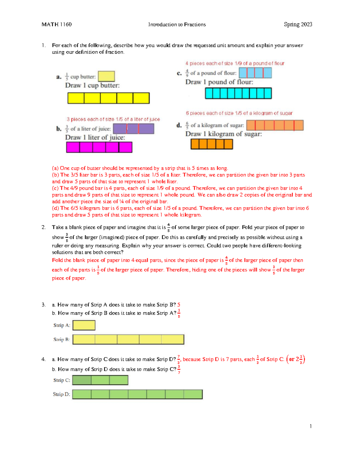 Intro to Fractions (solutions) - MATH 1160 Introduction to Fractions ...