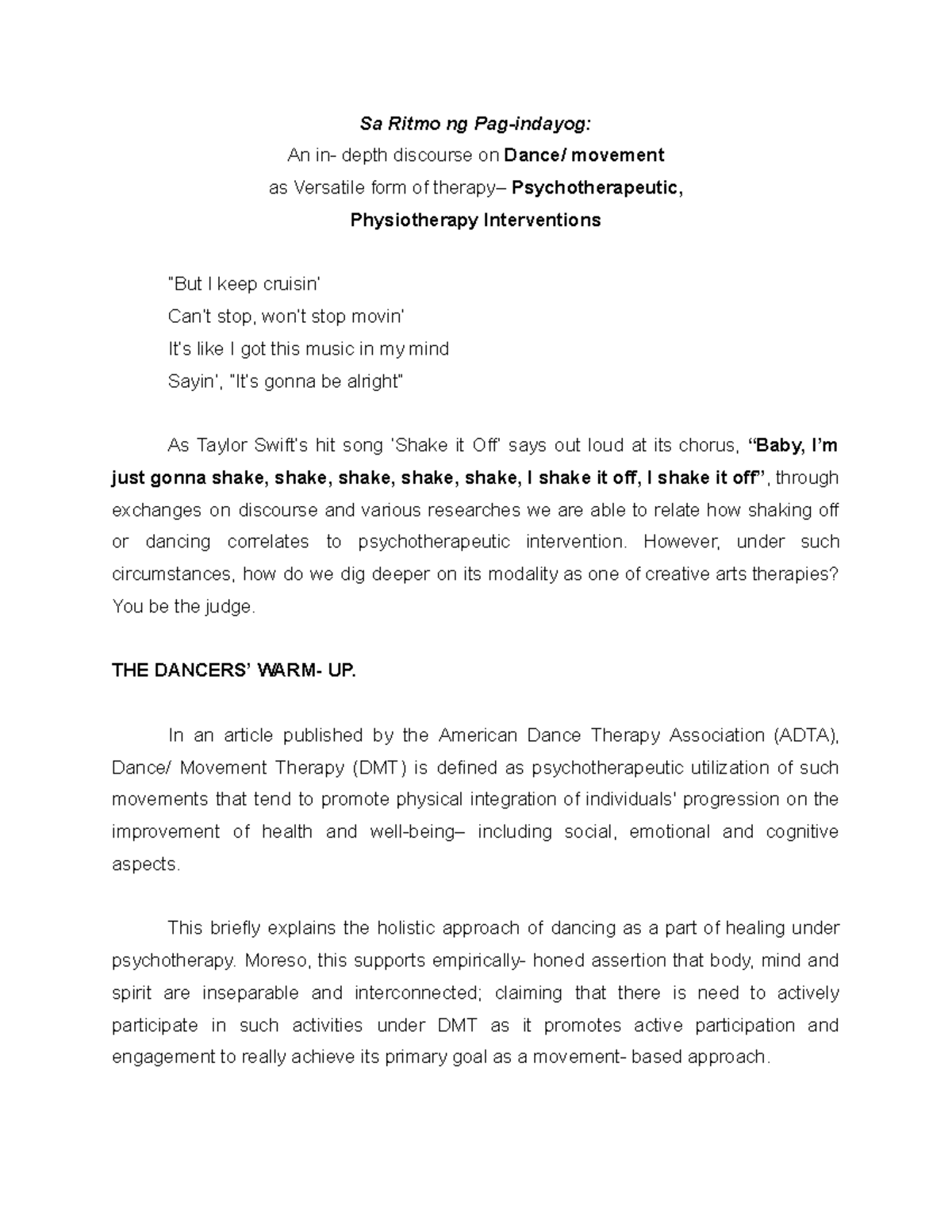 Performing Arts as Therapy - Sa Ritmo ng Pag-indayog: An in- depth discourse on Dance/ movement ...