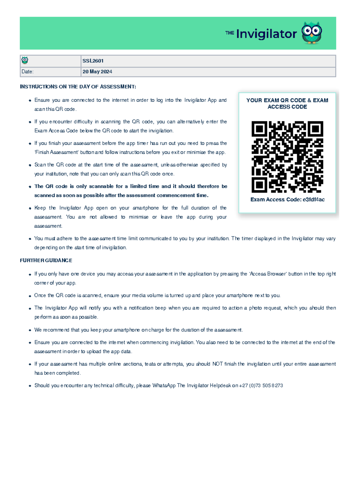 QR Code and Student Instruction document-SSL2601 - YOUR EXAM QR CODE ...