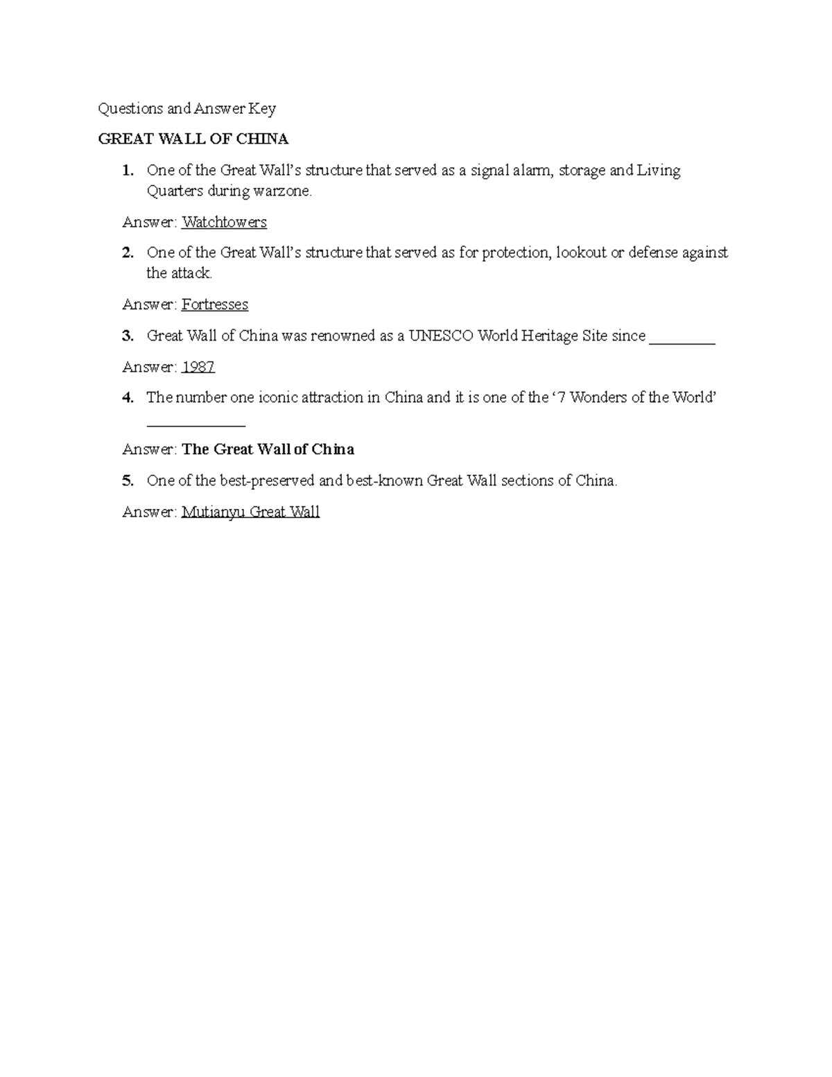 Questions AND Answer KEY - Questions and Answer Key GREAT WALL OF CHINA ...