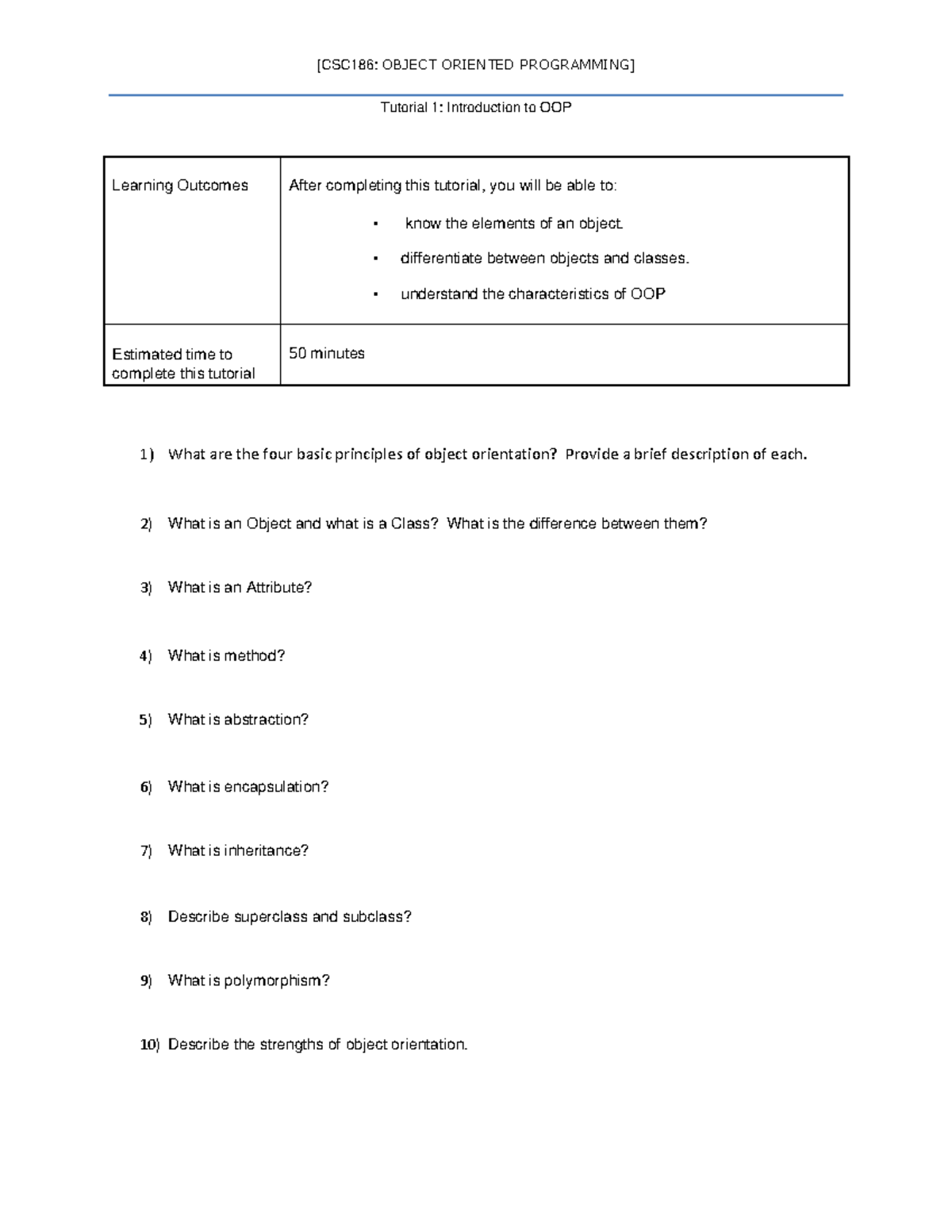 Csc186 Chapter 1 Tutorial Csc186 Object Oriented Programming Tutorial 1 Introduction To 